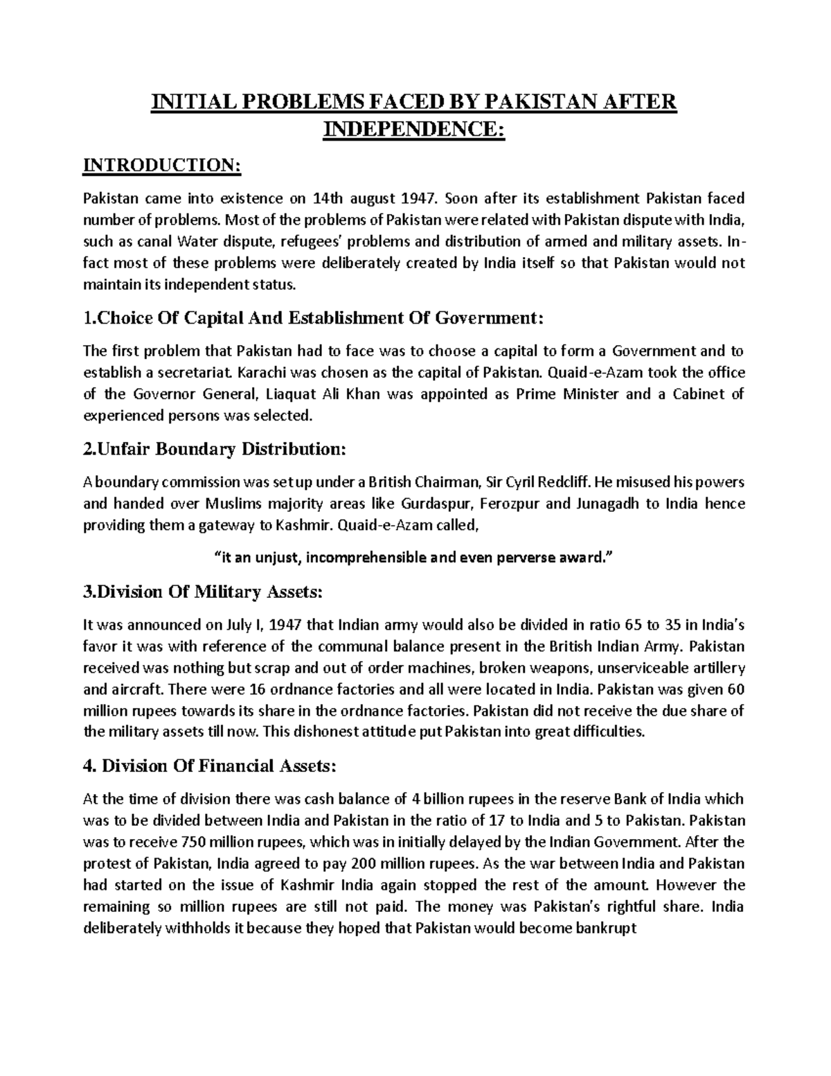 PST Final - INITIAL PROBLEMS FACED BY PAKISTAN AFTER INDEPENDENCE ...