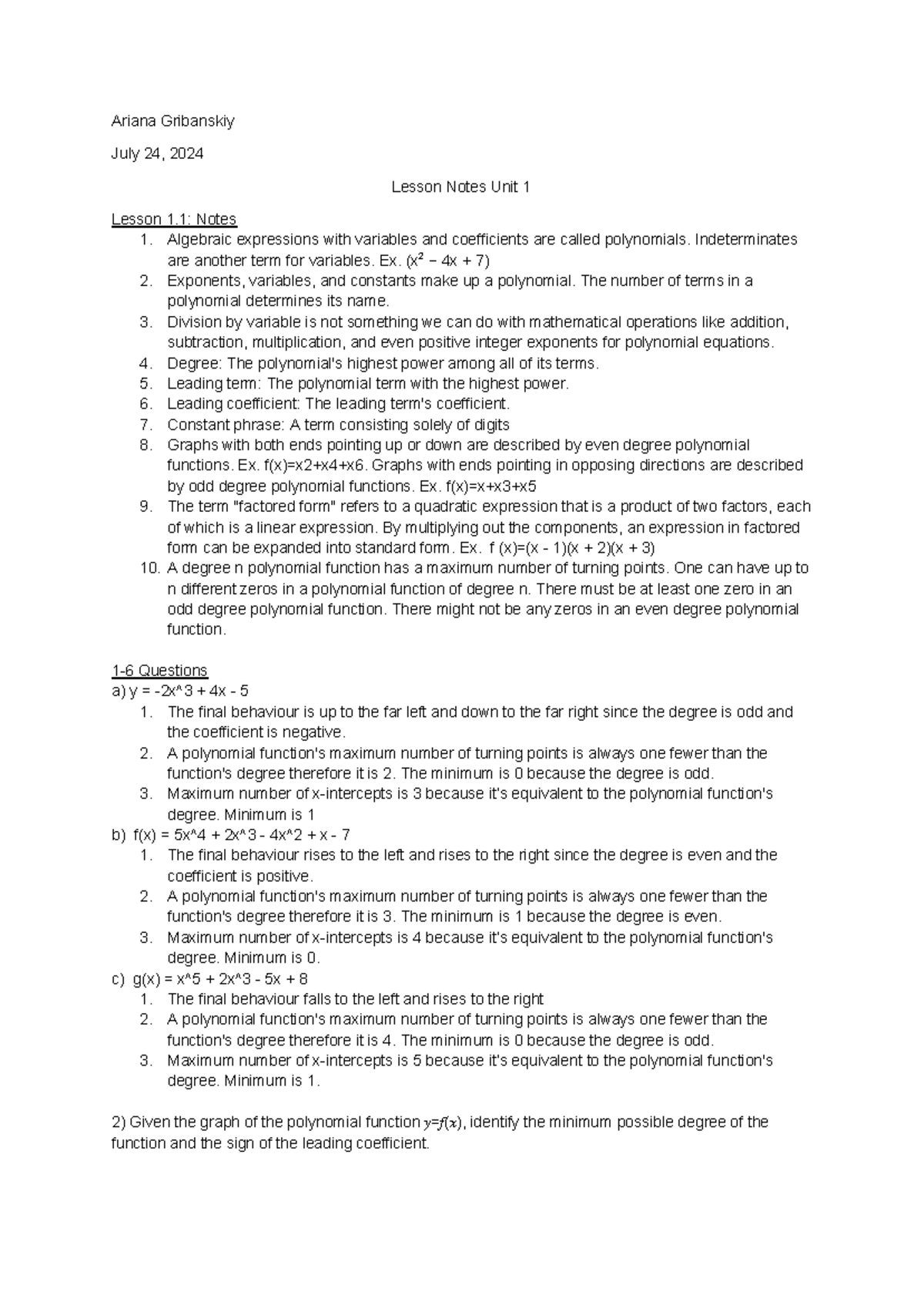 Unit 1 Lesson Notes - study - Ariana Gribanskiy July 24, 2024 Lesson ...