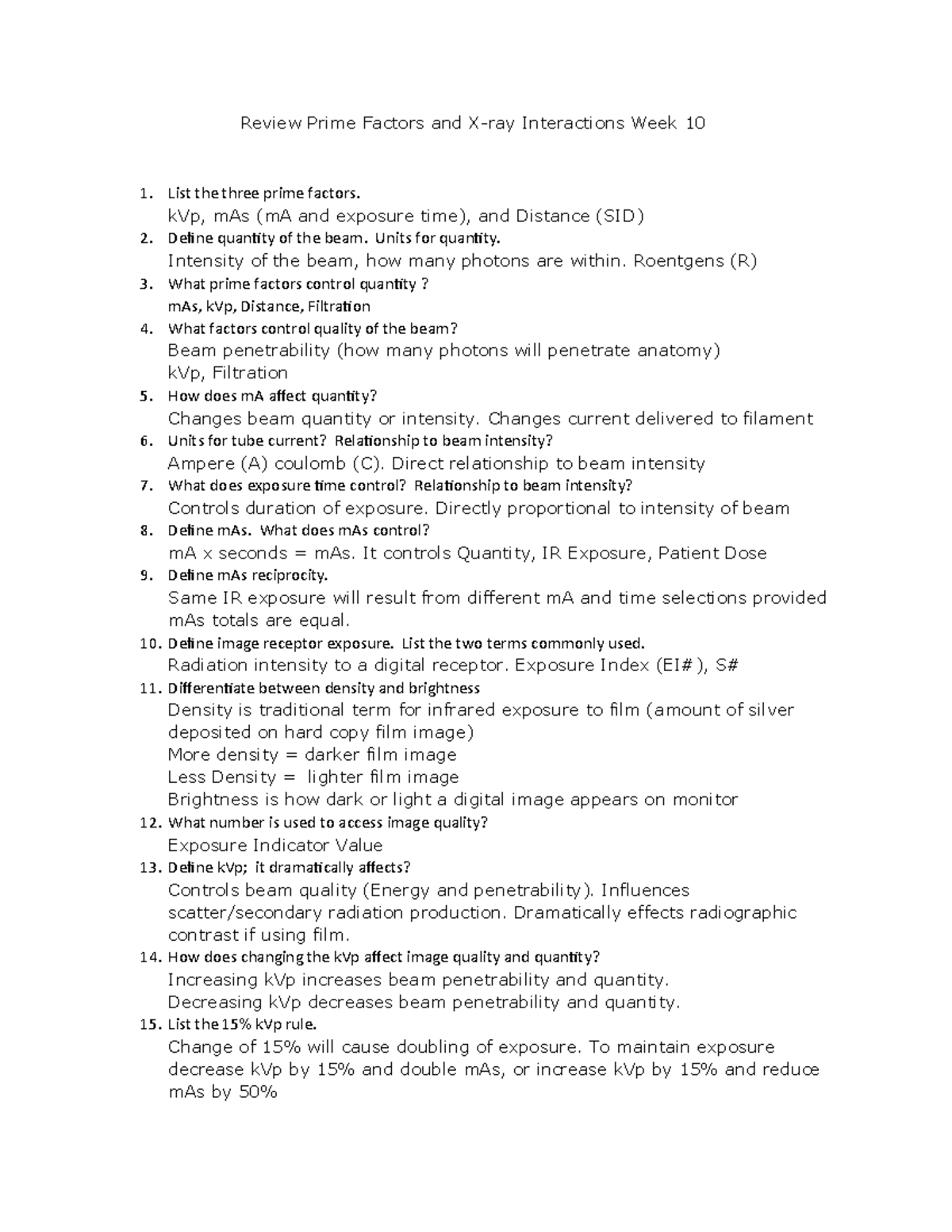 Review Prime Factors and X-ray Interactions - kVp, mAs (mA and exposure ...