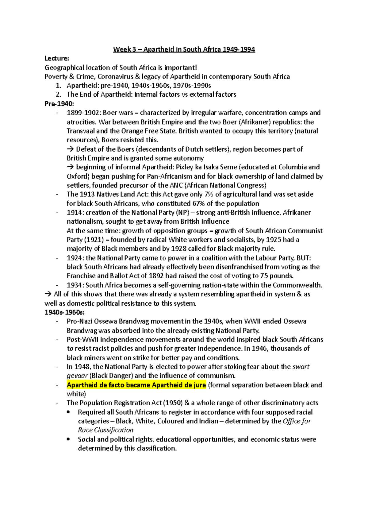 Week 3 - Apartheid in South Africa - Week 3 – Apartheid in South Africa ...