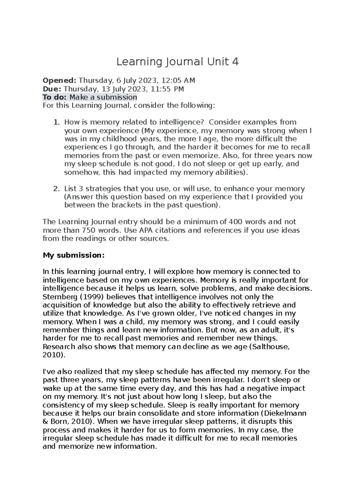 Learning Journal Unit 4 Sleep and Memory - Learning Journal Unit 4 ...