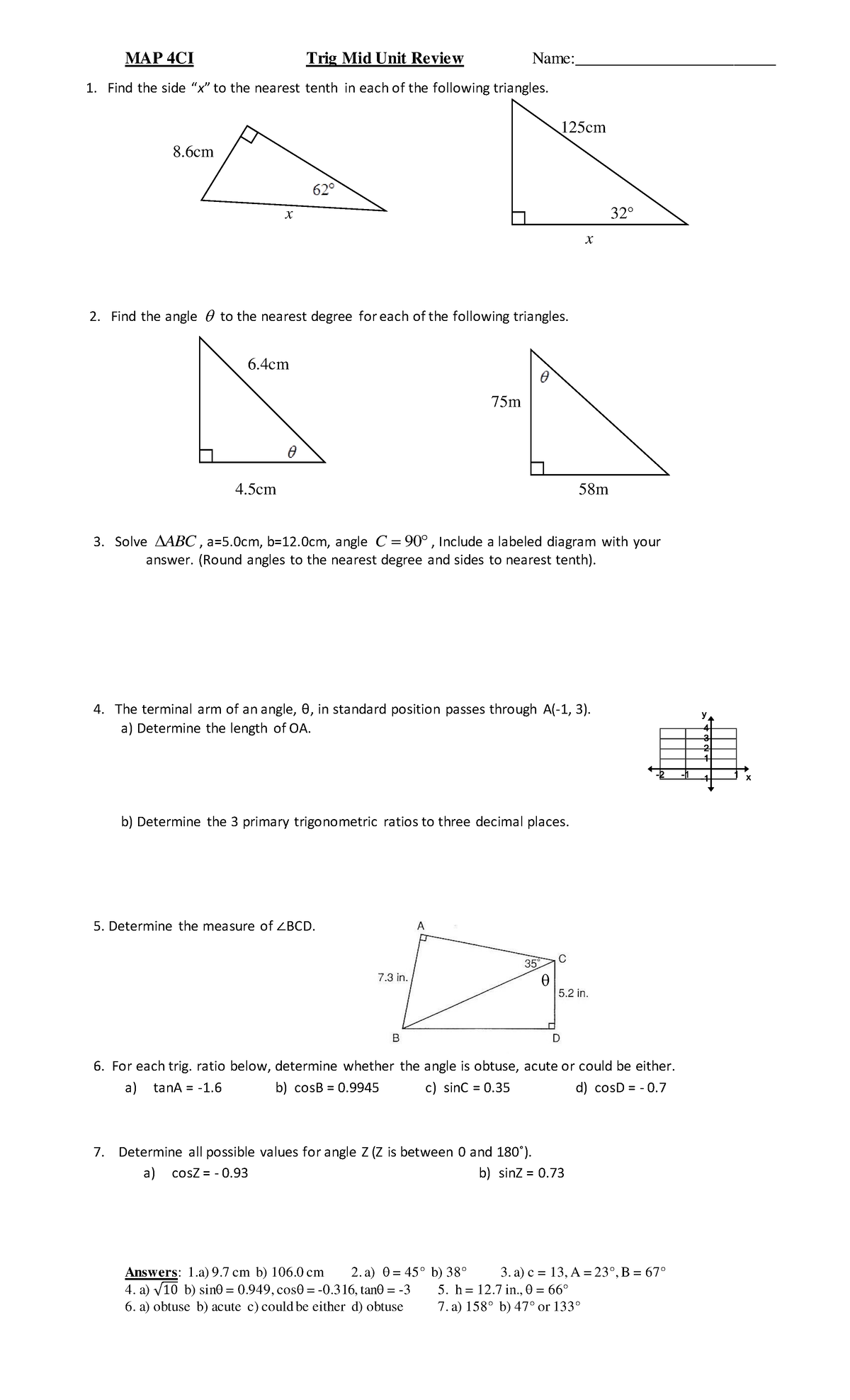 U2D5 Mid-unit-review - Trig Review - MAP 4CI Trig Mid Unit Review Name