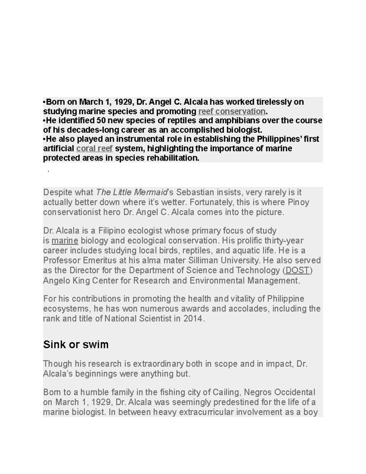 Angel alcala .... - •Born on March 1, 1929, Dr. Angel C. Alcala has ...