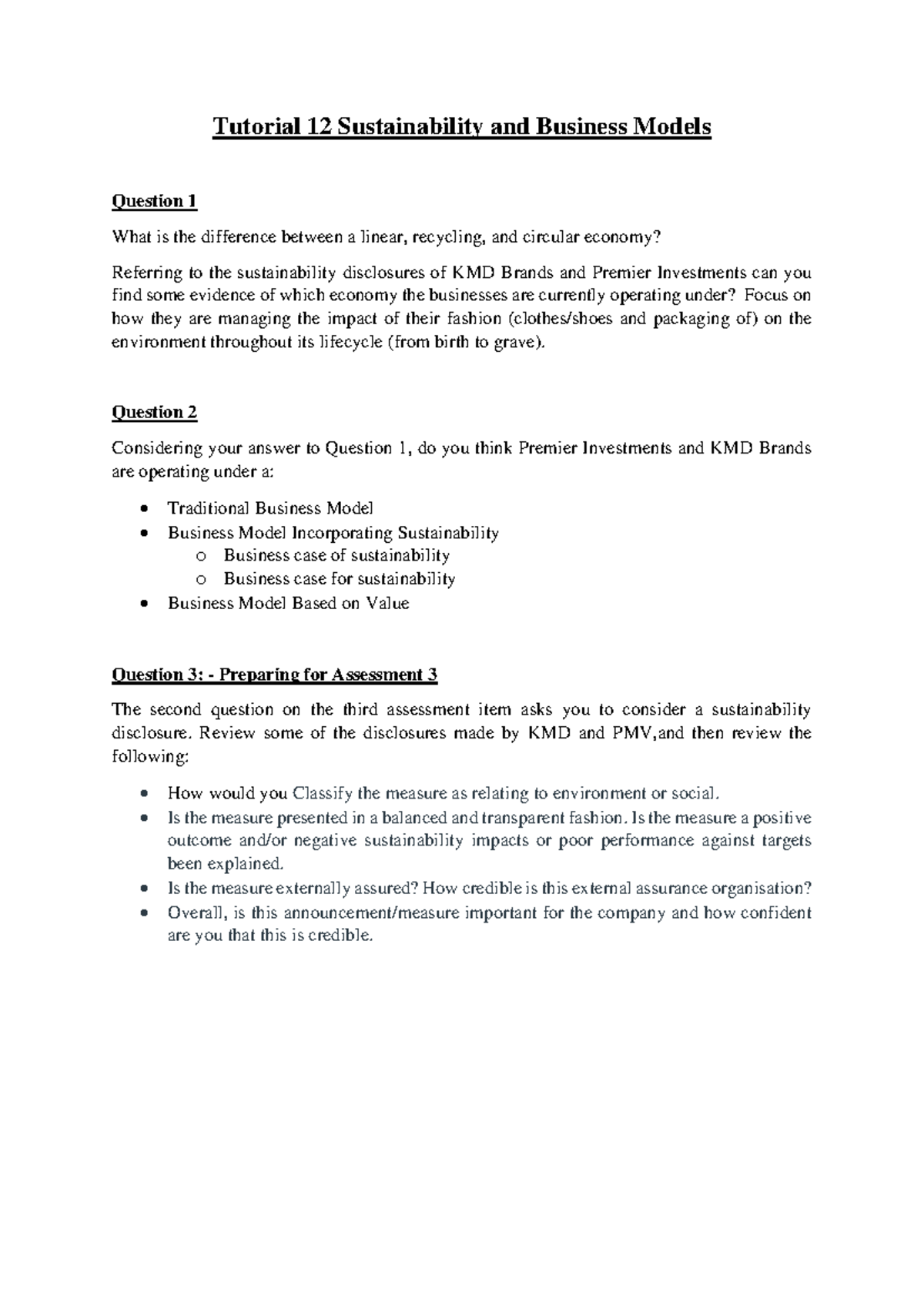 Tutorial 12 Sustainability and Business Models - Question 2 Considering ...