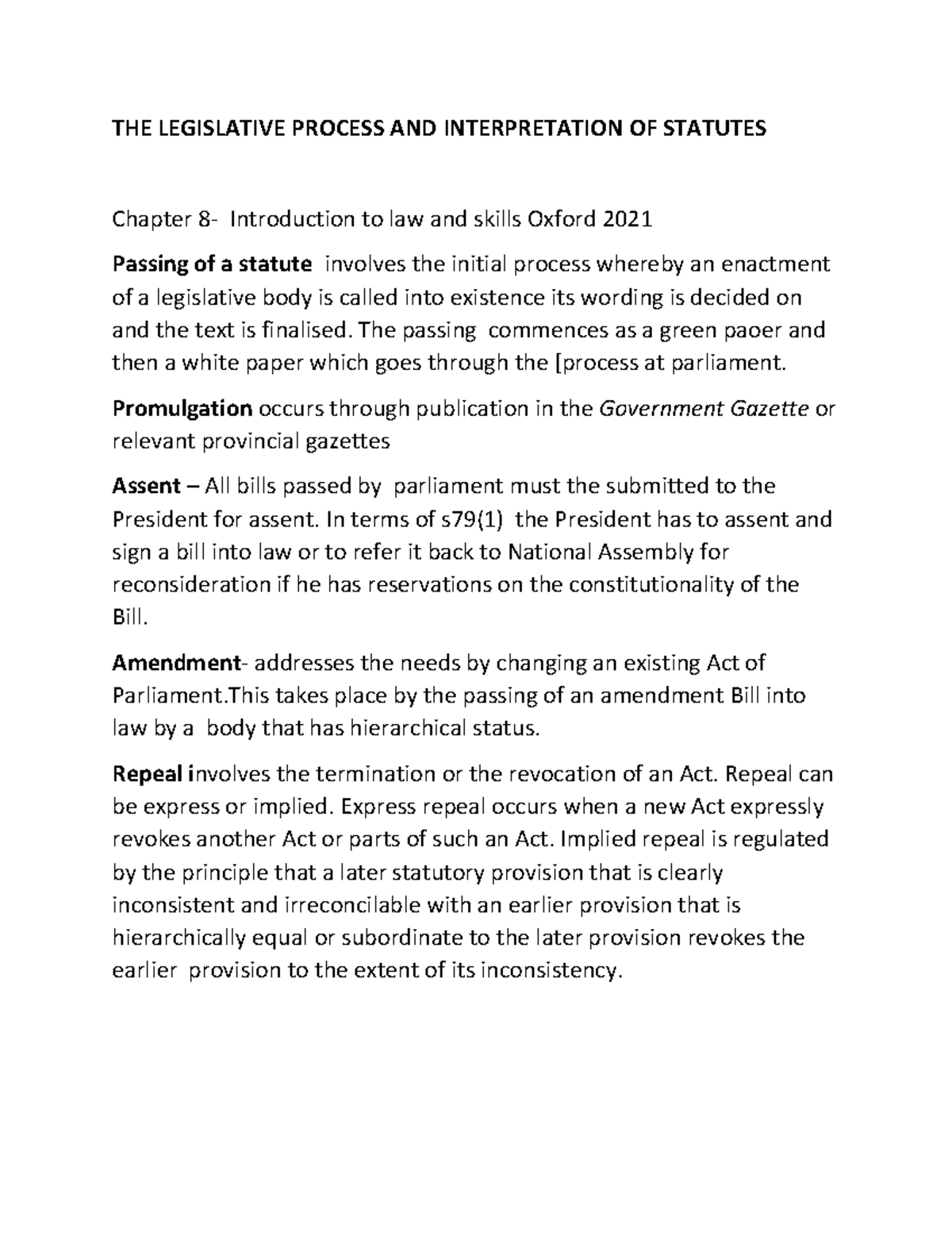 Intro to law lesson 8 - Into to law notes - THE LEGISLATIVE PROCESS AND ...