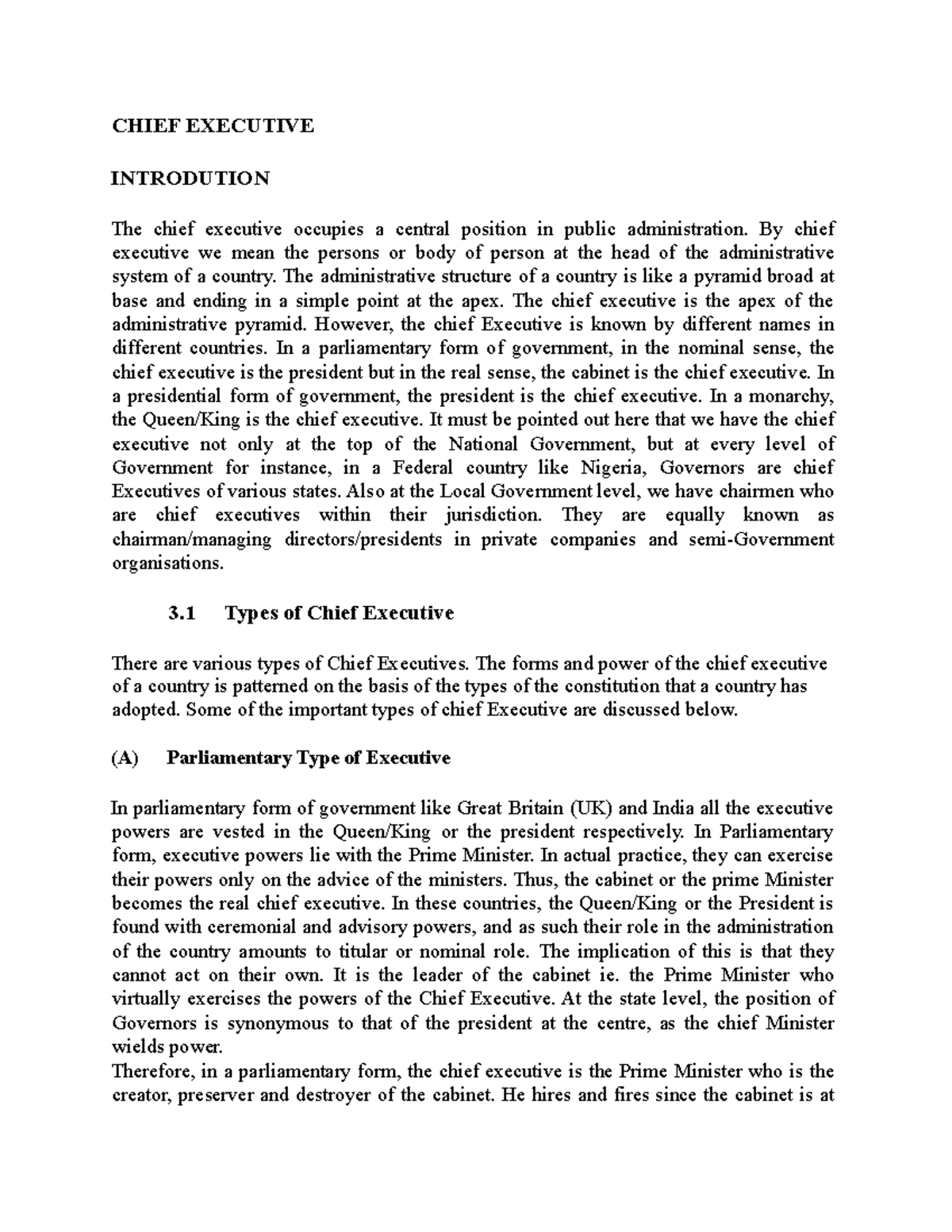 Public Administration 101 - CHIEF EXECUTIVE INTRODUTION The chief ...