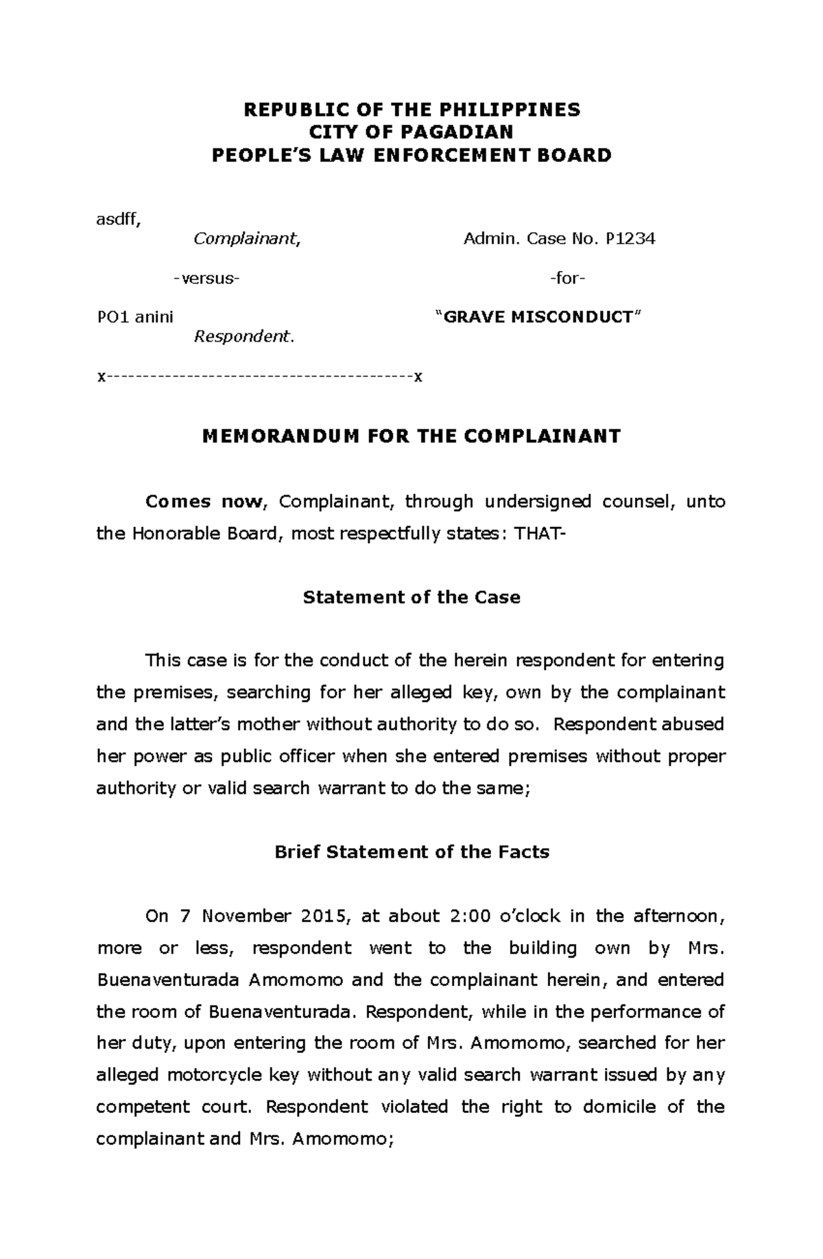 279688214 memorandum of complainant sample - REPUBLIC OF THE ...