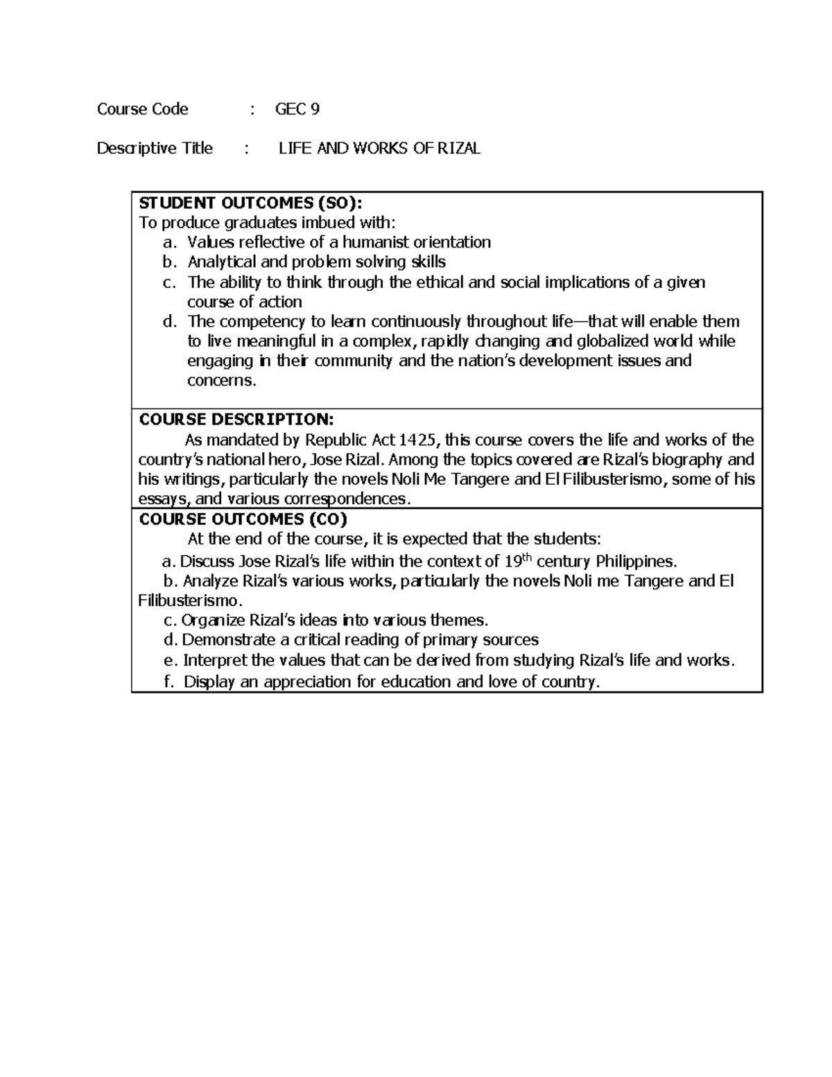 Rizal Content and ILO - Course Code : GEC 9 Descriptive Title : LIFE ...