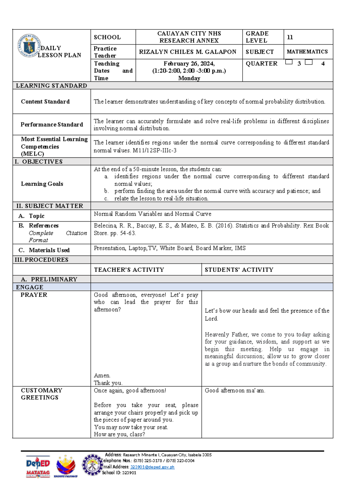 Normal distribution lesson 3 - DAILY LESSON PLAN SCHOOL CAUAYAN CITY ...