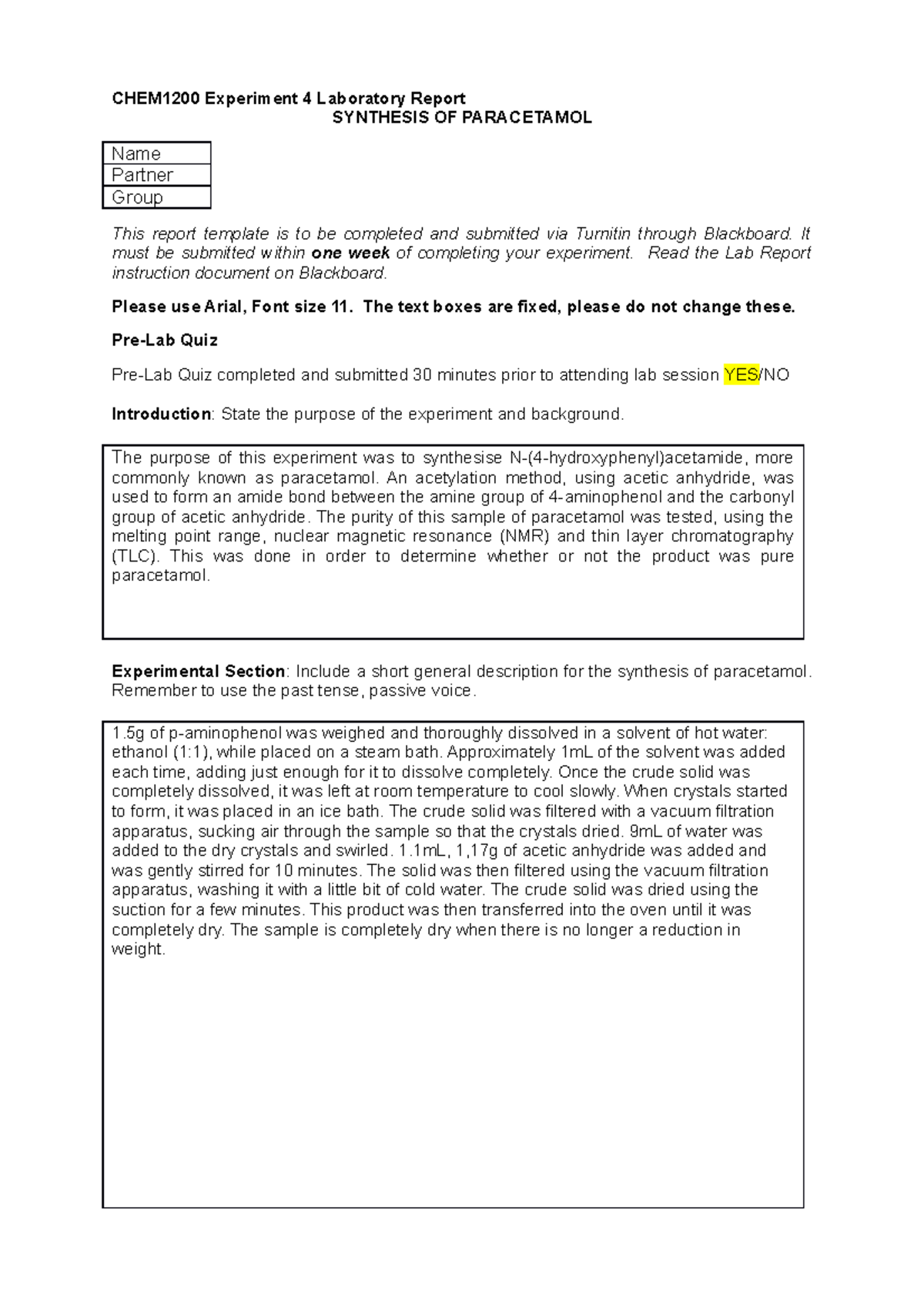 CHEM1200 Lab report - CHEM1200 Experiment 4 Laboratory Report SYNTHESIS ...