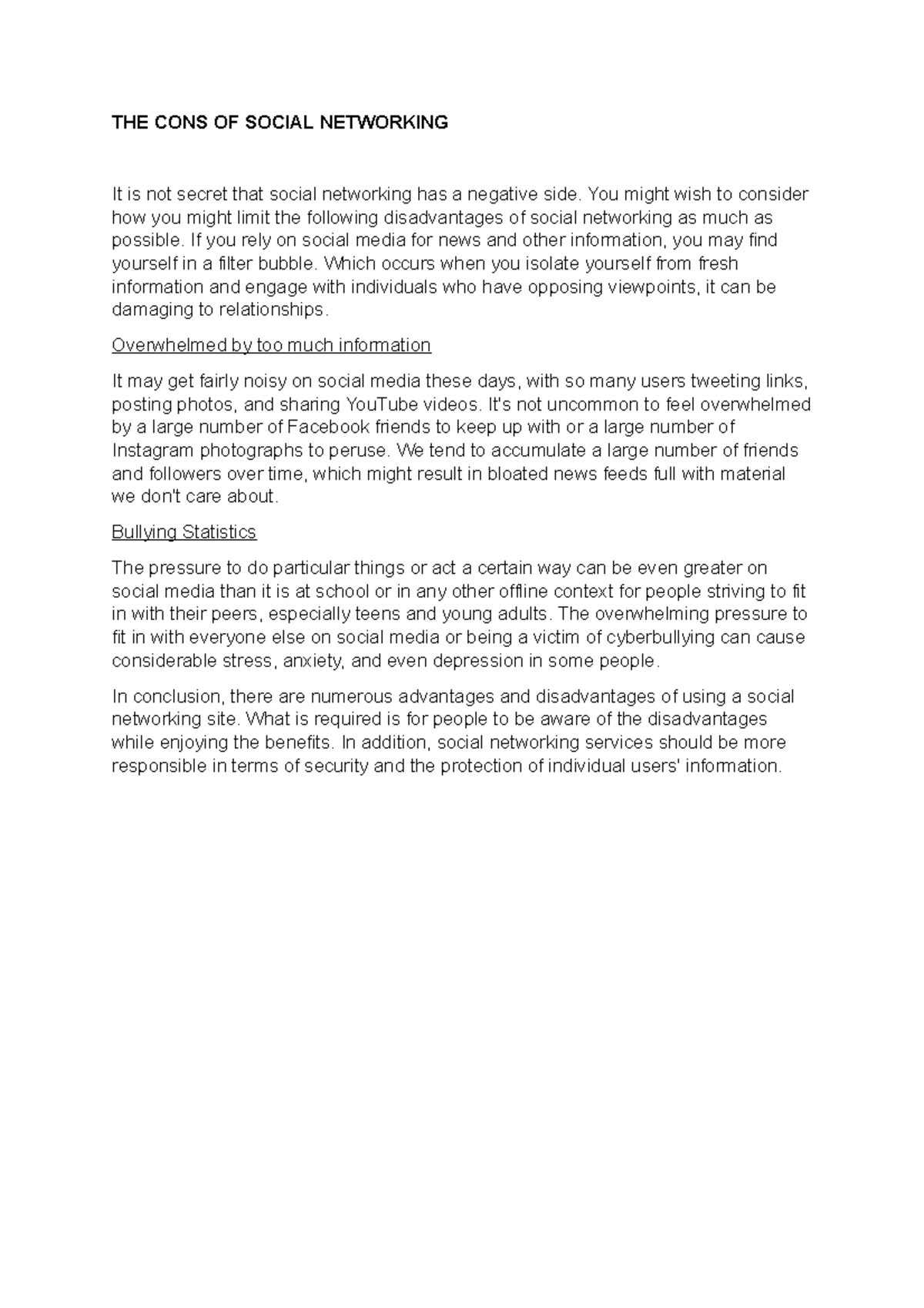 THE CONS OF Social Networking - THE CONS OF SOCIAL NETWORKING It is not ...