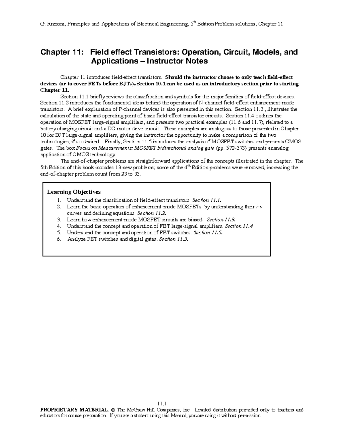 Rizzoni 5e SM CH11 - Chapter 11: Field effect Transistors: Operation, Circuit, Models, and - Studocu