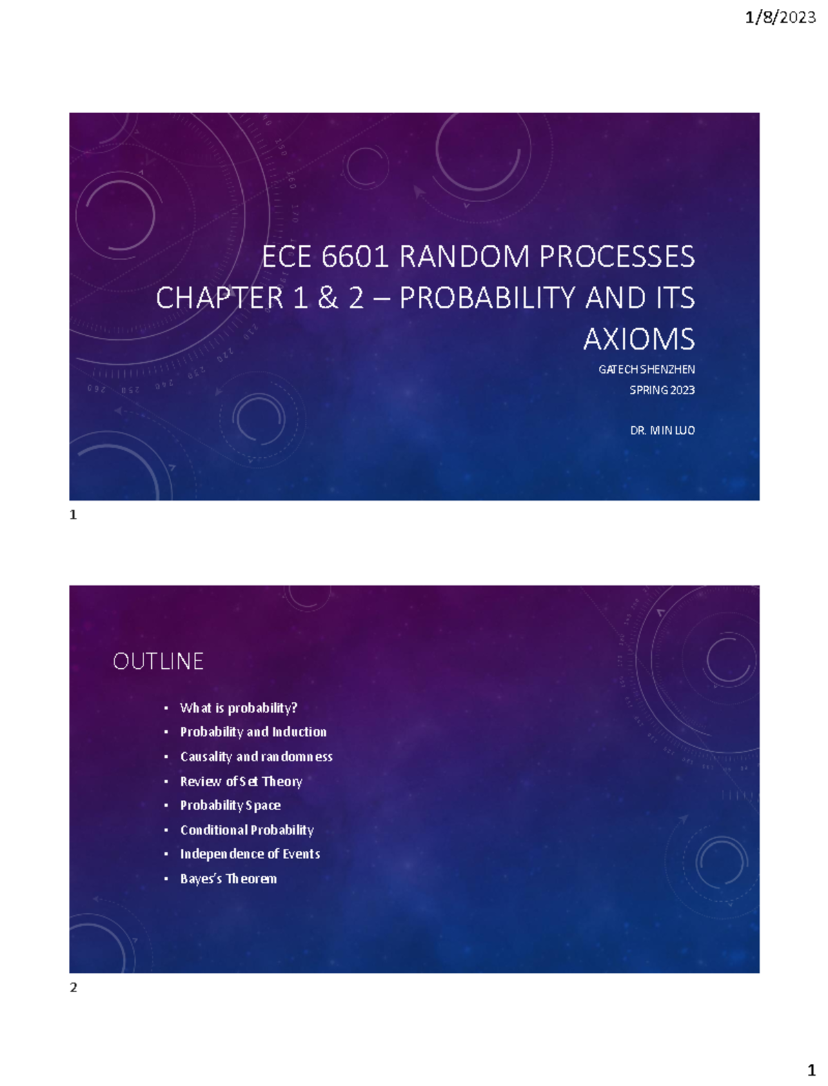 ECE6601 Chap1 2 - ECE 6601 RANDOM PROCESSES CHAPTER 1 & 2 – PROBABILITY AND ITS AXIOMS GATECH ...