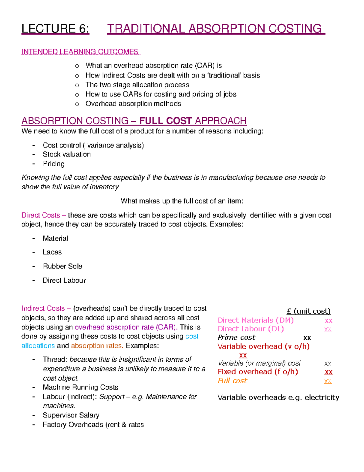 Lecture 6 - Traditional Absorption Costing - o What an overhead ...