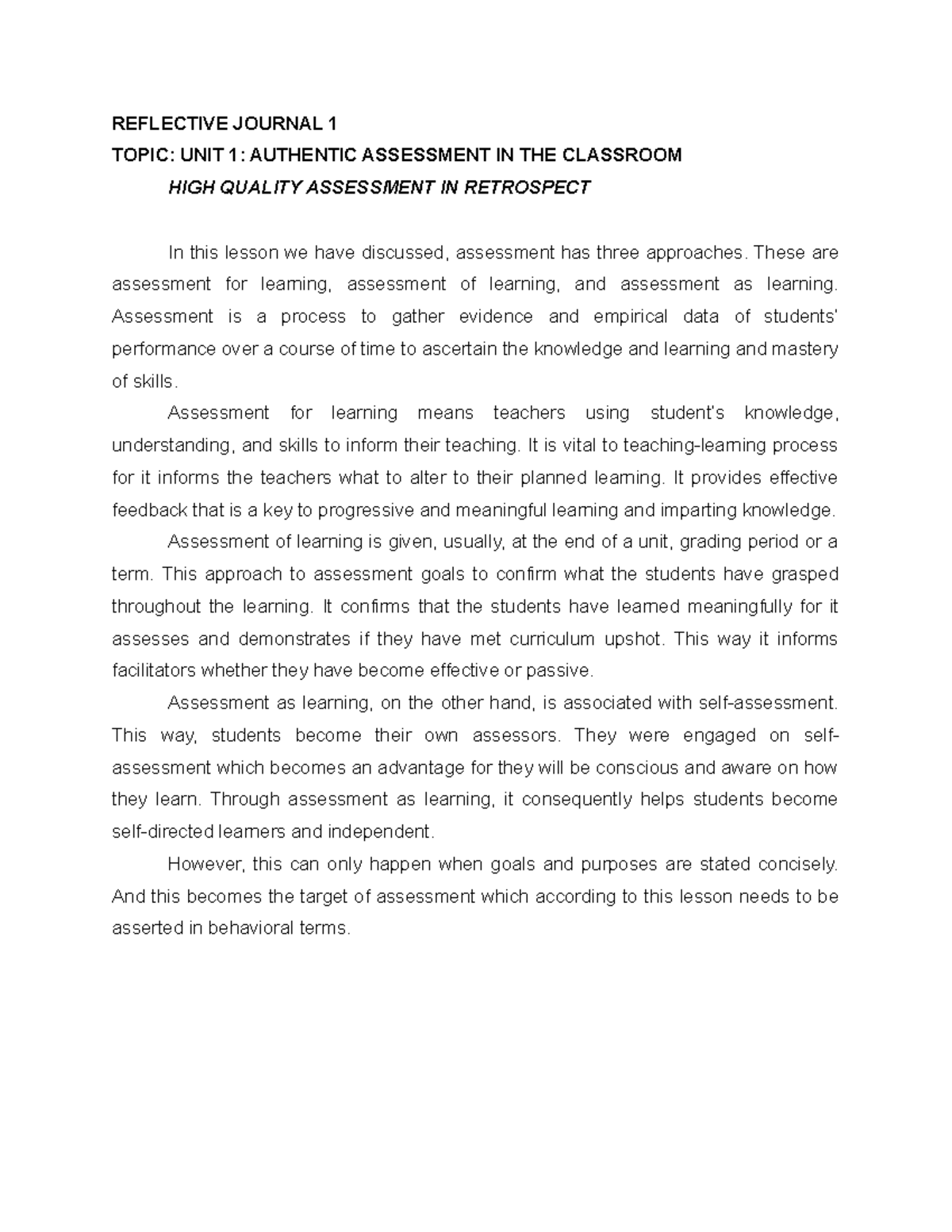 Reflective Journal - this contains reflection - TOPIC: UNIT 1 ...