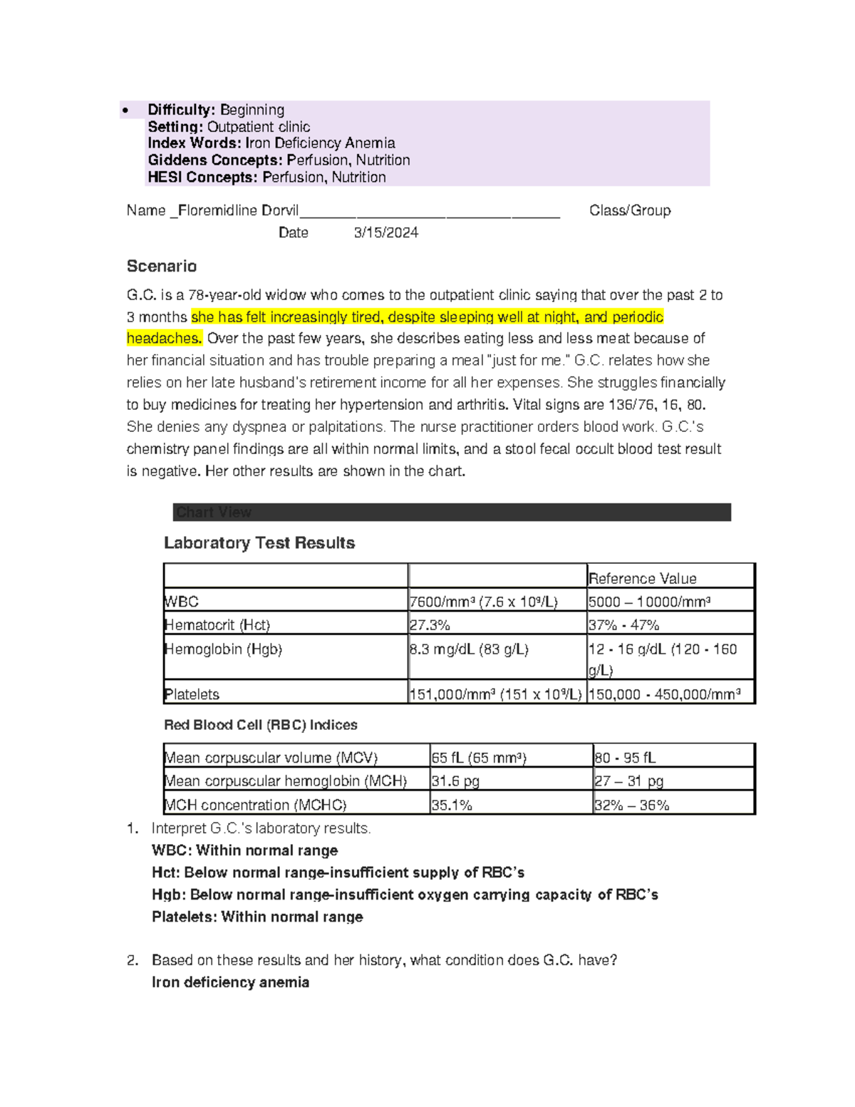 Case study anemia no answers - Difficulty: Beginning Setting ...