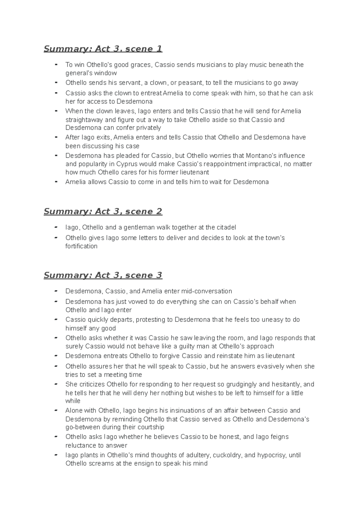 Act 3 scene 1-3 - Summary: Act 3, scene 1 - To win Othello’s good ...
