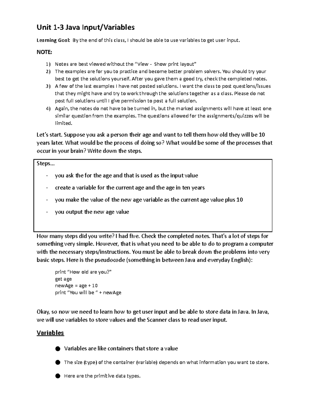 Some Input Notes - Unit 1-3 Java Input/Variables Learning Goal: By the ...