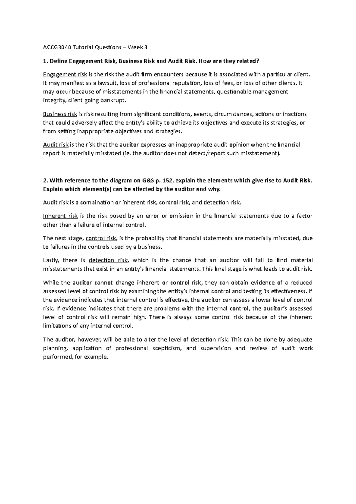 Tutorial Qs - Week 3 - ACCG3040 Tutorial Questions – Week 3 Define ...