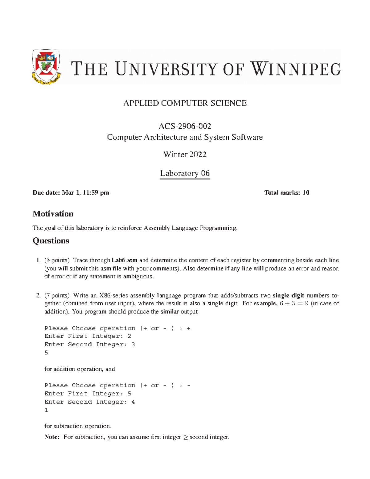 Lab06_T - Professor Al Mtawa, Y - APPLIED COMPUTER SCIENCE ACS-2906-0 02 Computer Architecture ...