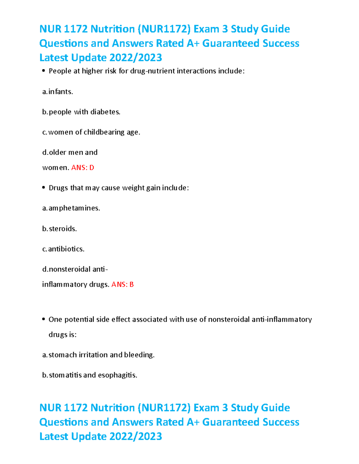 Nutrition Exam Study Guide Questions - Questions and Answers Rated A+ ...