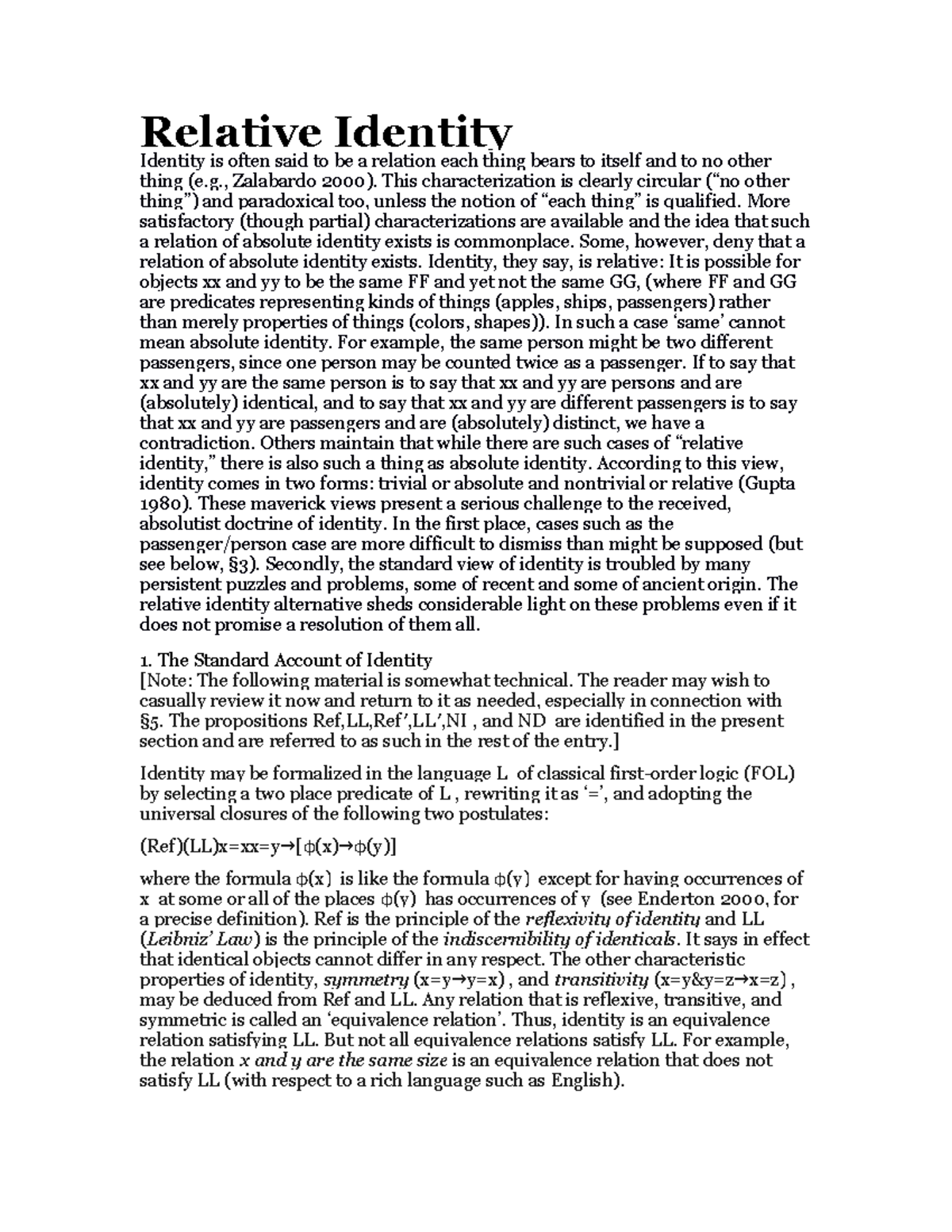 Lecture in Relative Identity - Relative Identity Identity is often said ...