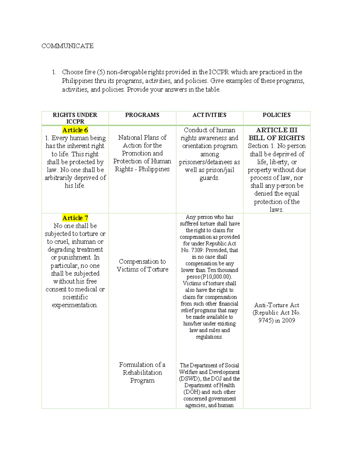 Contemporary-World - COMMUNICATE 1. Choose five (5) non-derogable ...