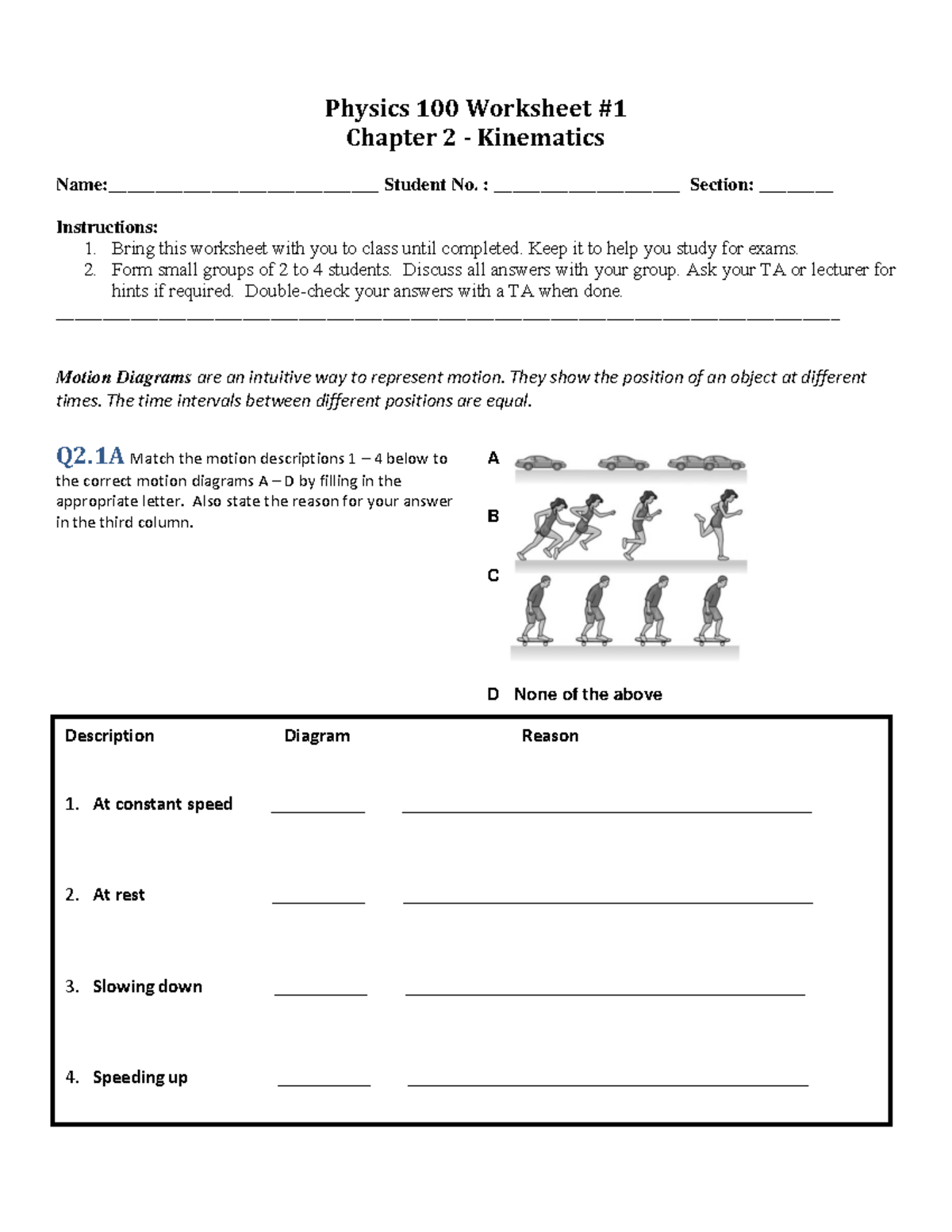 Worksheet 1 Kinematics 2018 vfinal - Physics 100 Worksheet Chapter 2 ...