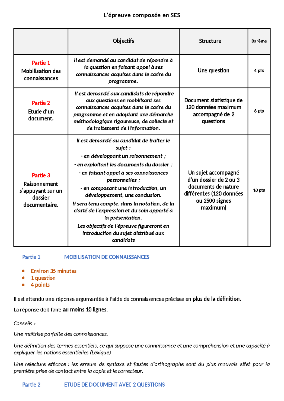 Méthodologie EC - L’épreuve composée en SES Objectifs Structure Barème ...