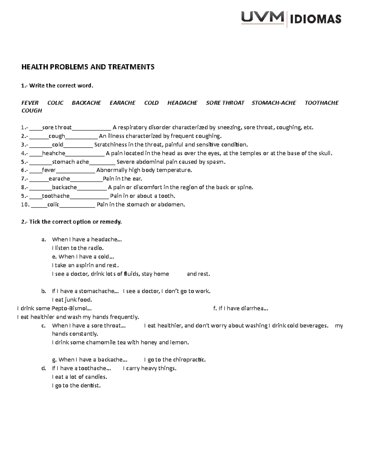 Level 2 - Unit 3 Worksheet 1 - HEALTH PROBLEMS AND TREATMENTS 1.- Write ...