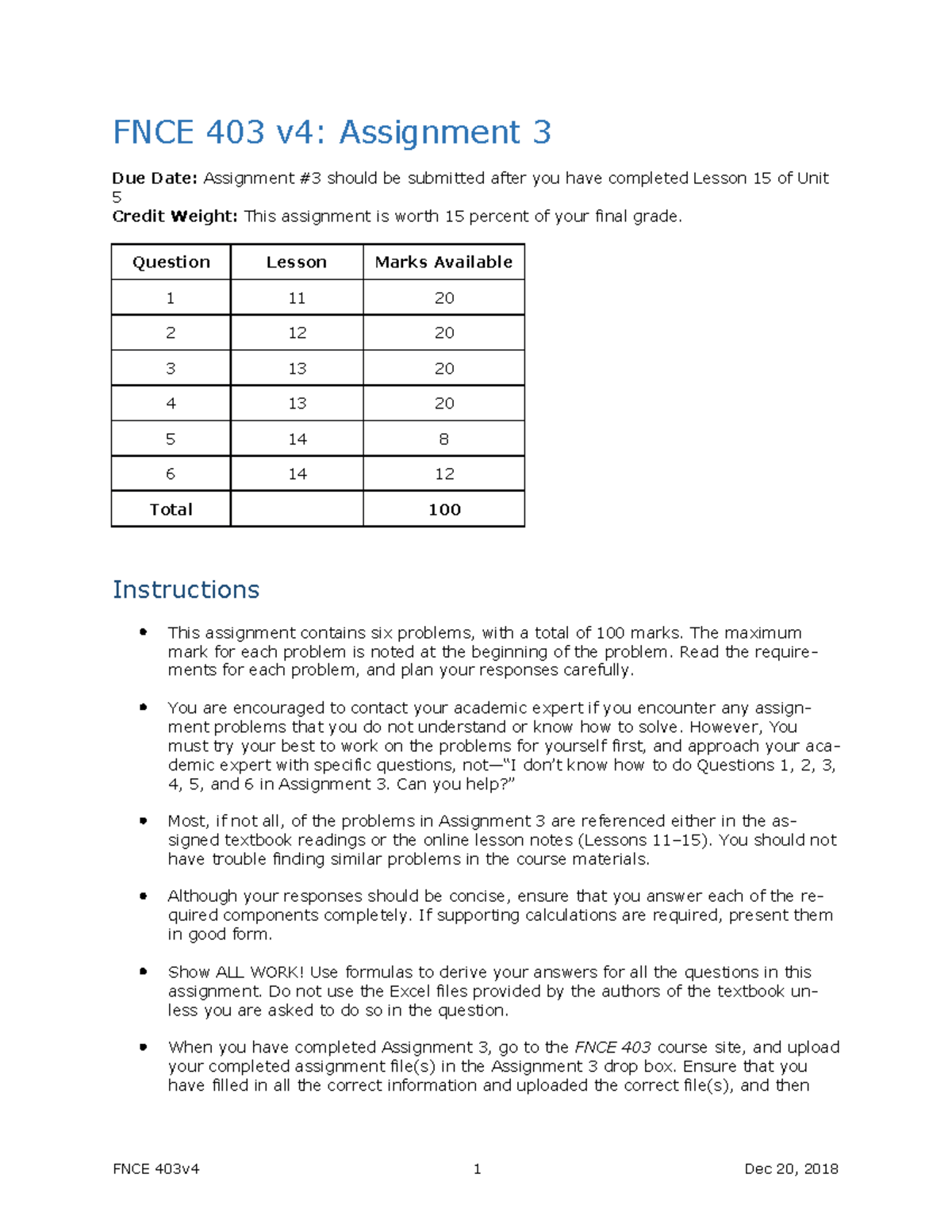 FNCE403v4 Assignment 3 - FNCE 403 v4: Assignment 3 Due Date: Assignment ...