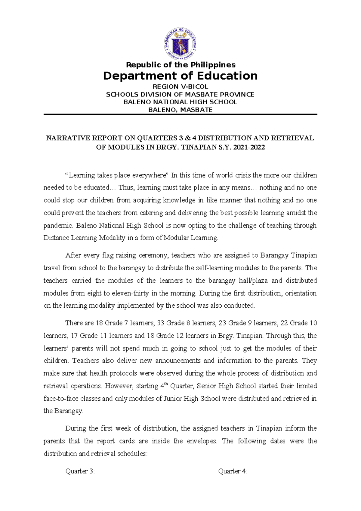 Narrative Report ON Distribution Retrieval Tinapian - Republic of the ...