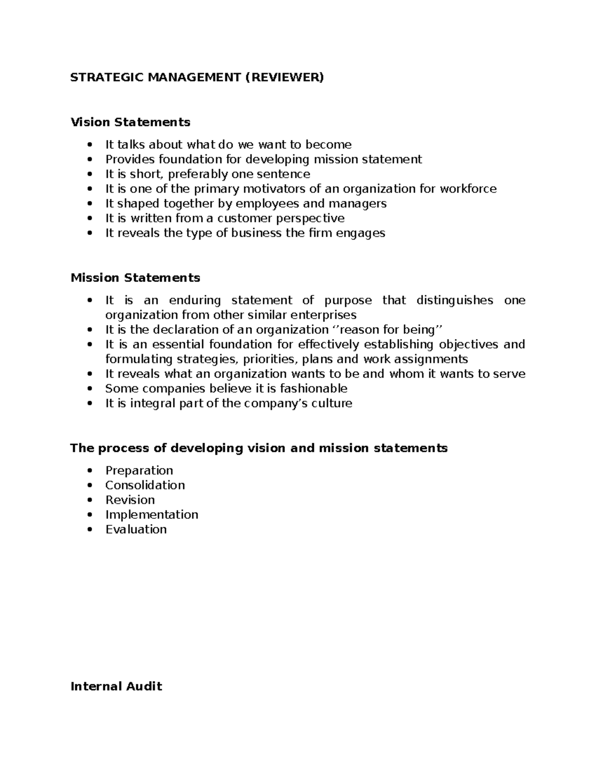 Strategic Management - .... - STRATEGIC MANAGEMENT (REVIEWER) Vision ...