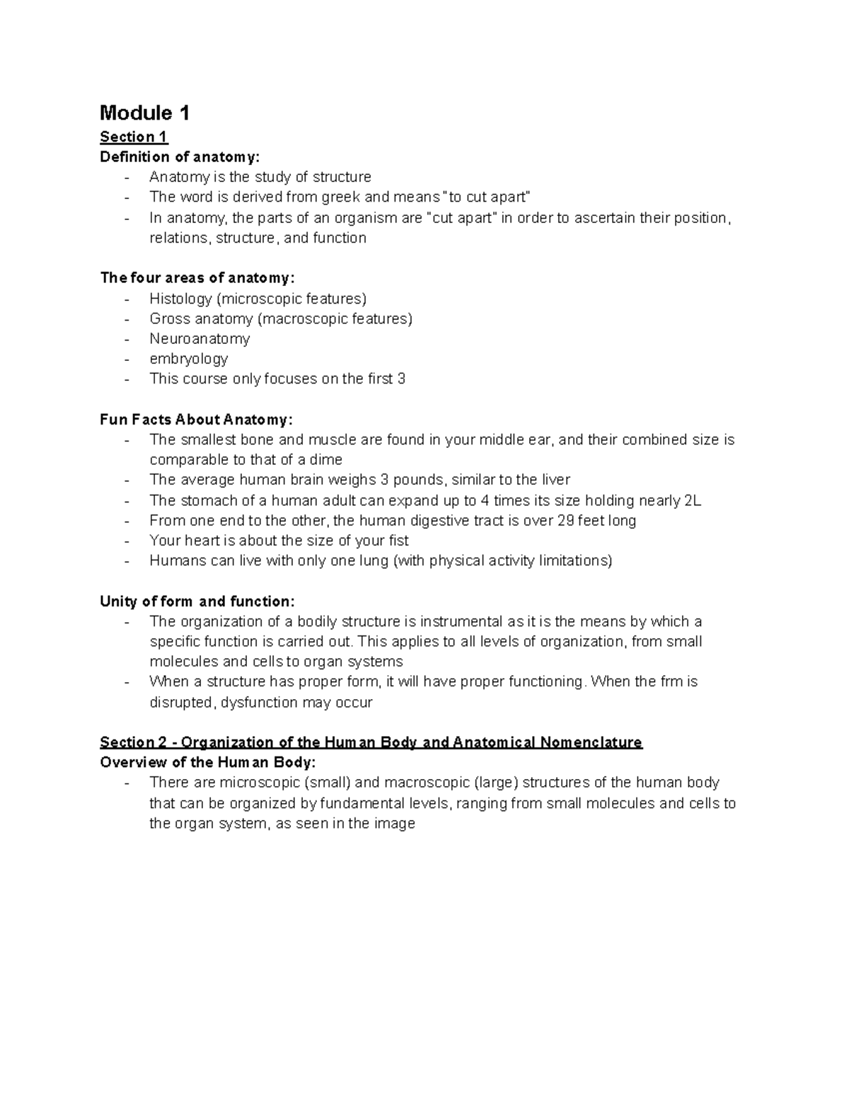 Anatomy Module 1 and 2 Notes - Module 1 Section 1 Definition of anatomy ...