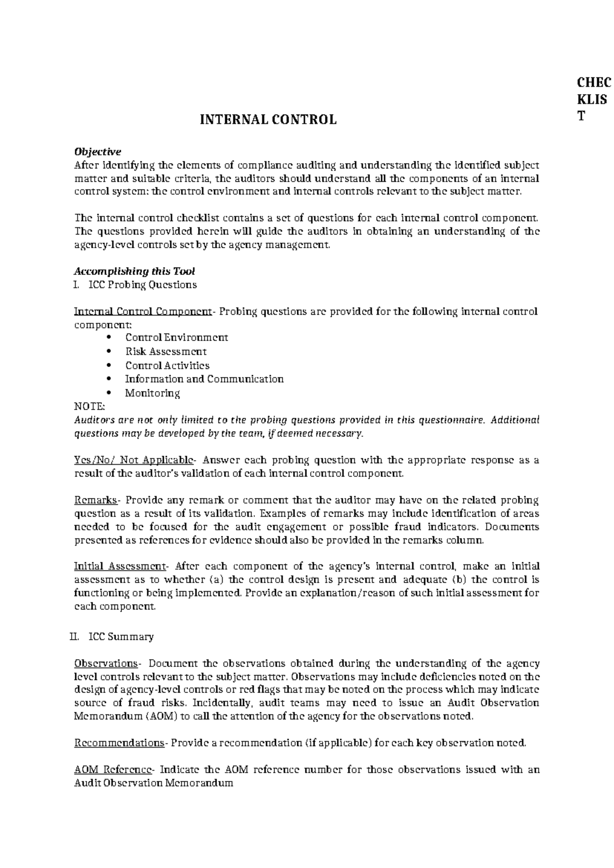 Internal Control Checklist - INTERNAL CONTROL CHEC KLIS T Objective ...