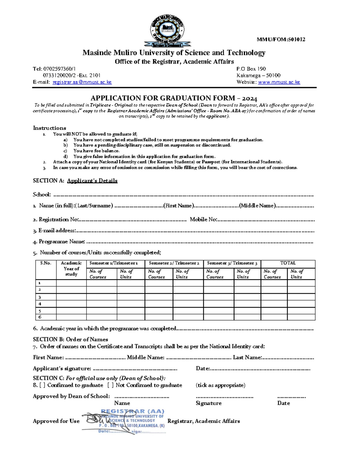 Revised Application FOR Graduation FORM - 2024 1 - MMU/FOM: Masinde ...