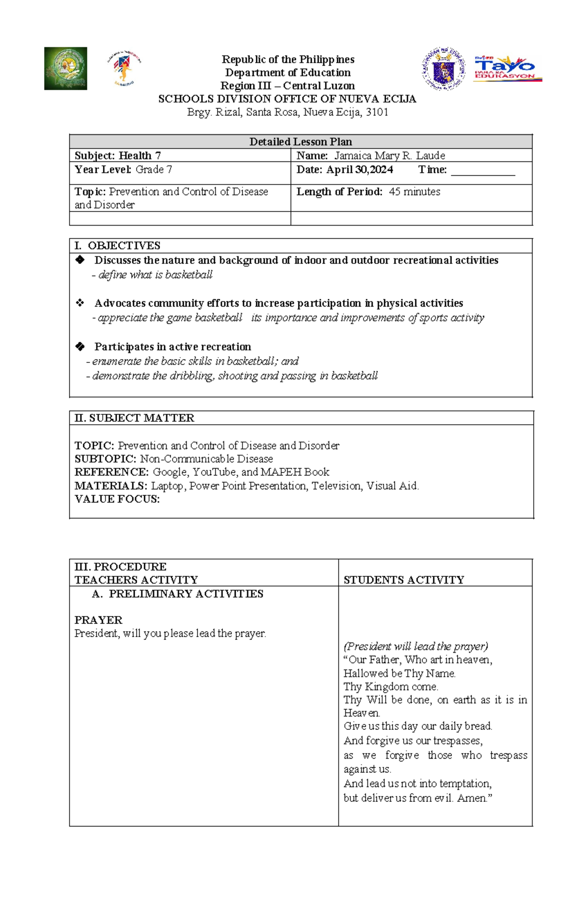 DLP Demo Health 7 - PE-Basketball - Detailed Lesson Plan Subject ...
