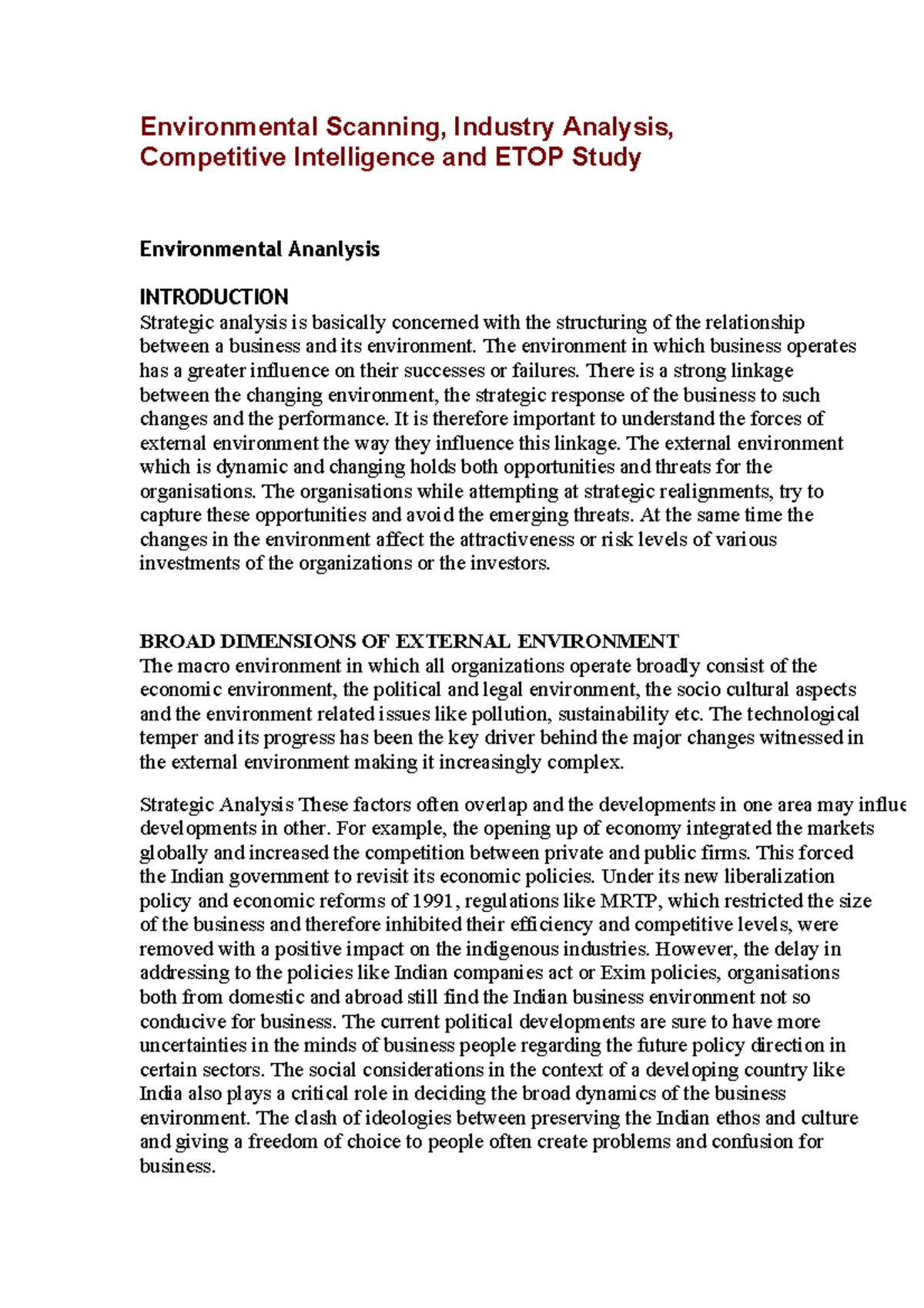 Environmental Scanning-Lecture Notes - Environmental Scanning, Industry ...