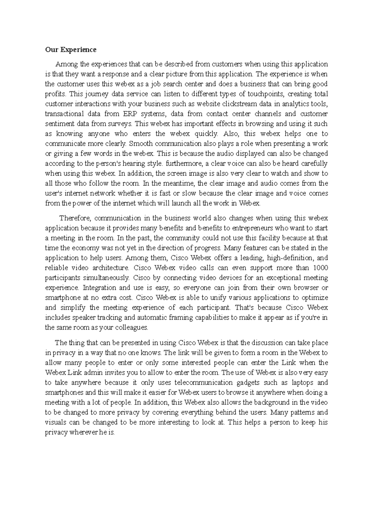 Application Assignment - Our Experience Among the experiences that can ...