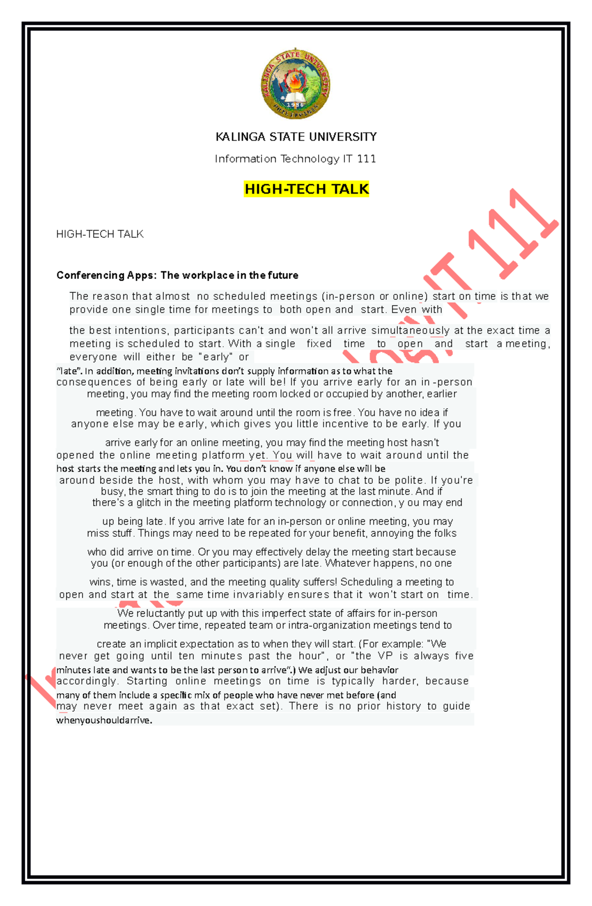 High-Tech Talks - Information Technology Lecture Notes for Student ... High-Tech Talks - Information Technology Lecture Notes for Student ...