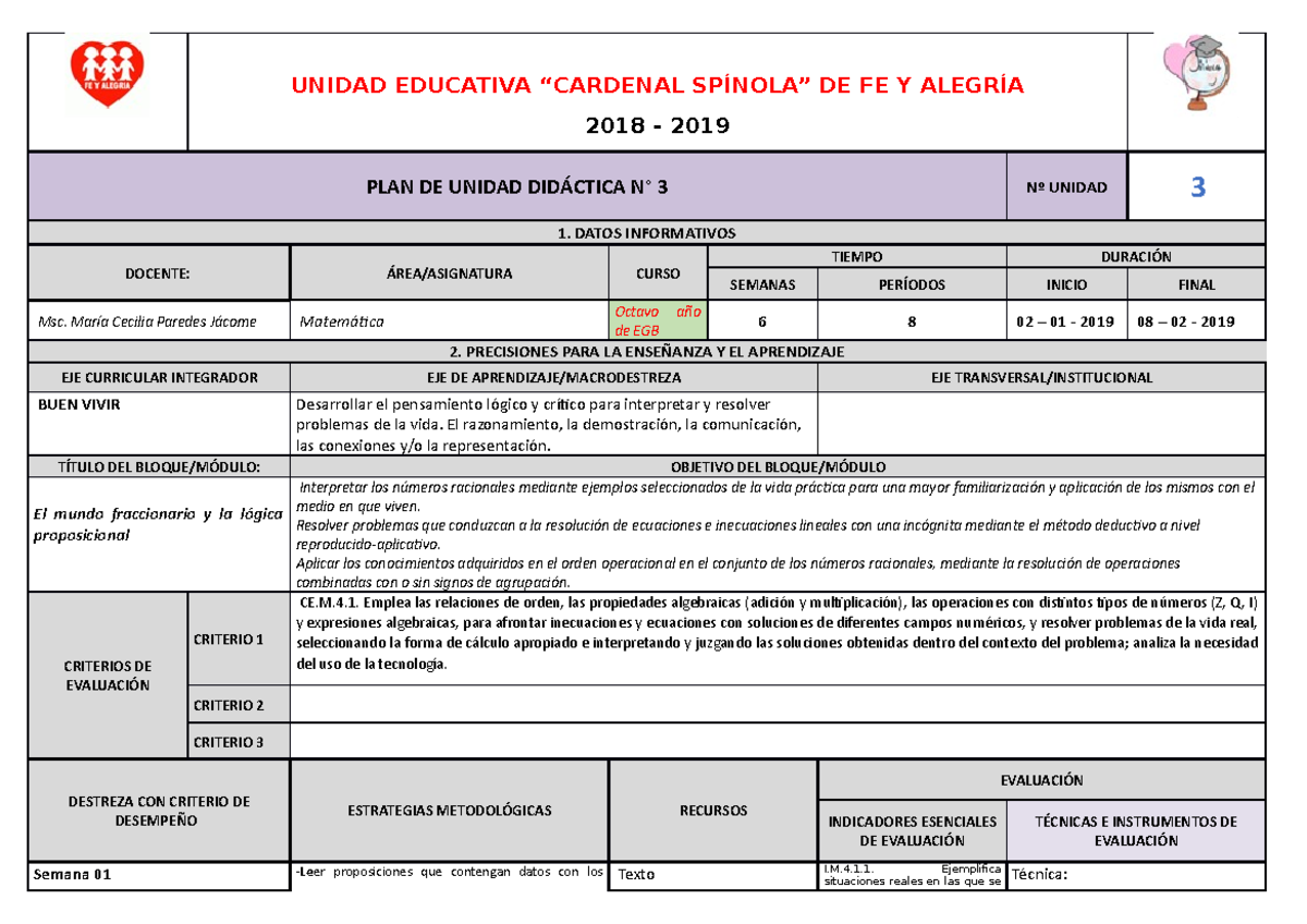 Planificaci+ô N DE Unidad DID+ü Ctica 03 Matem+ü TICA EGB Superior - UNIDAD EDUCATIVA “CARDENAL ...