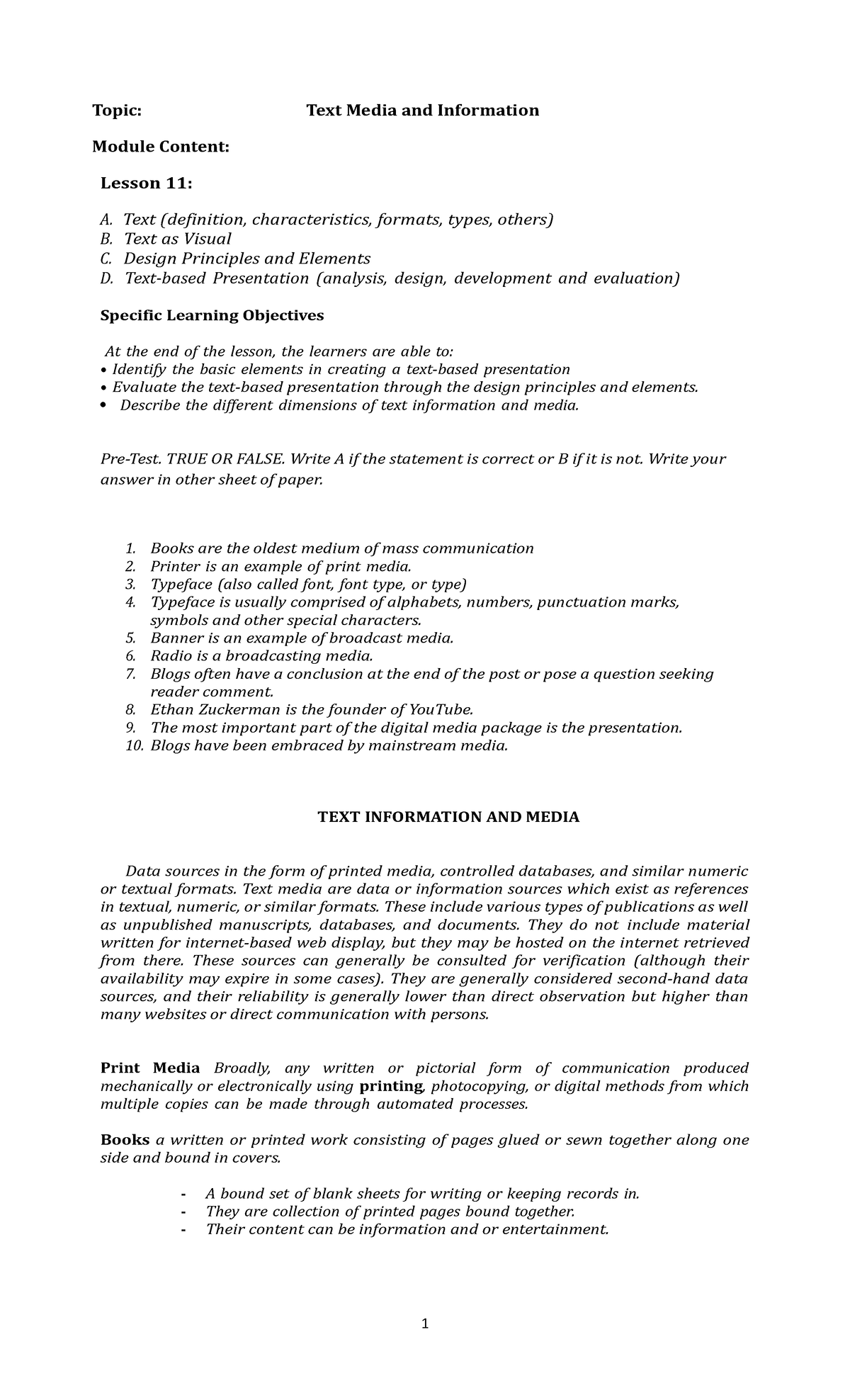 Mil-module-11 - FOR STUDIES - 1 Topic: Text Media and Information ...