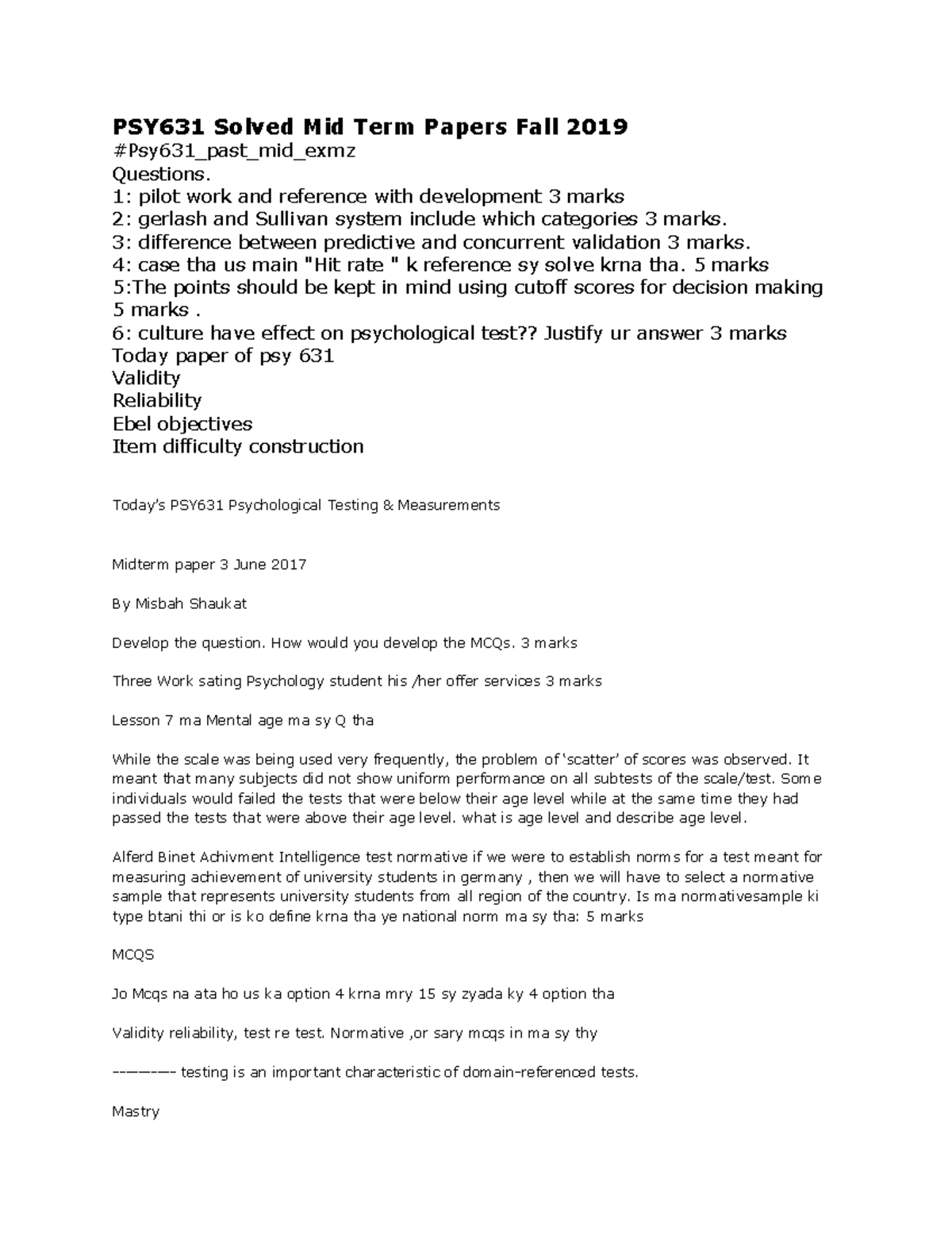 Midterm-58 - PSY631 Solved Mid Term Papers Fall 2019 #Psy631_past_mid ...