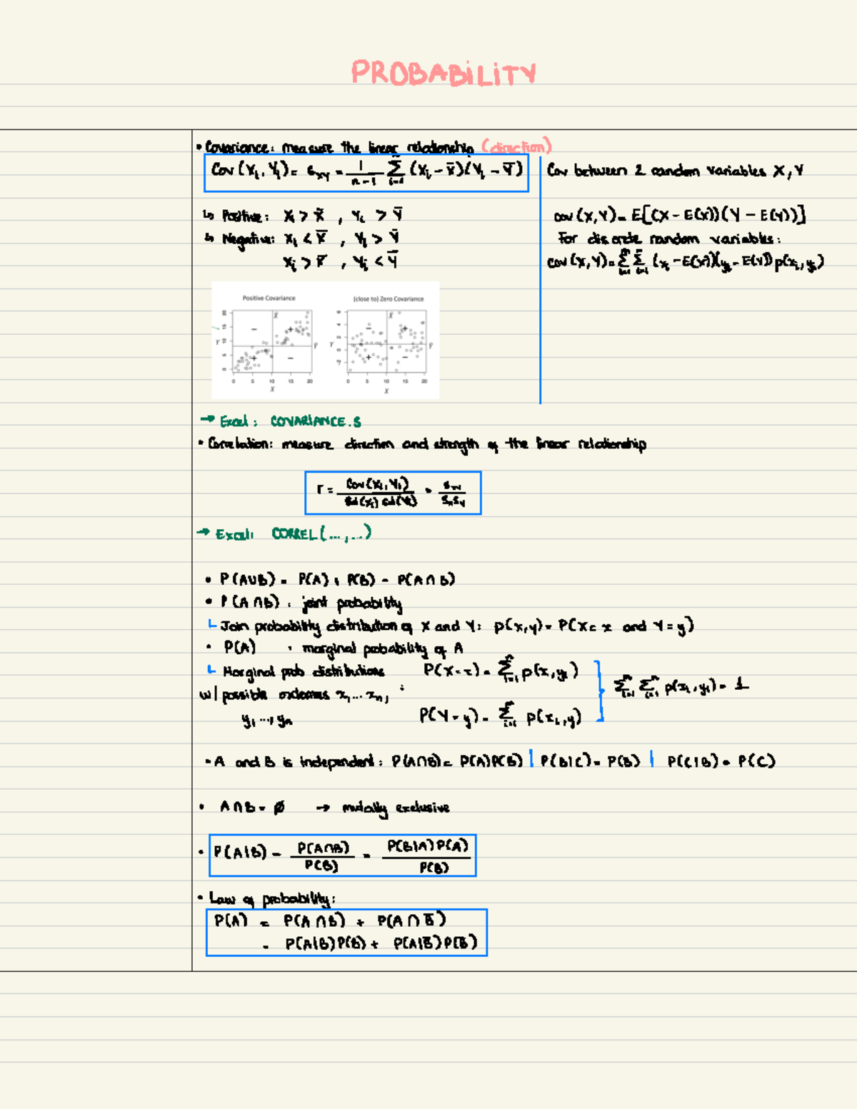 Calculating probability for discrete random variables - PROBABILITY Covariance : measure the ...