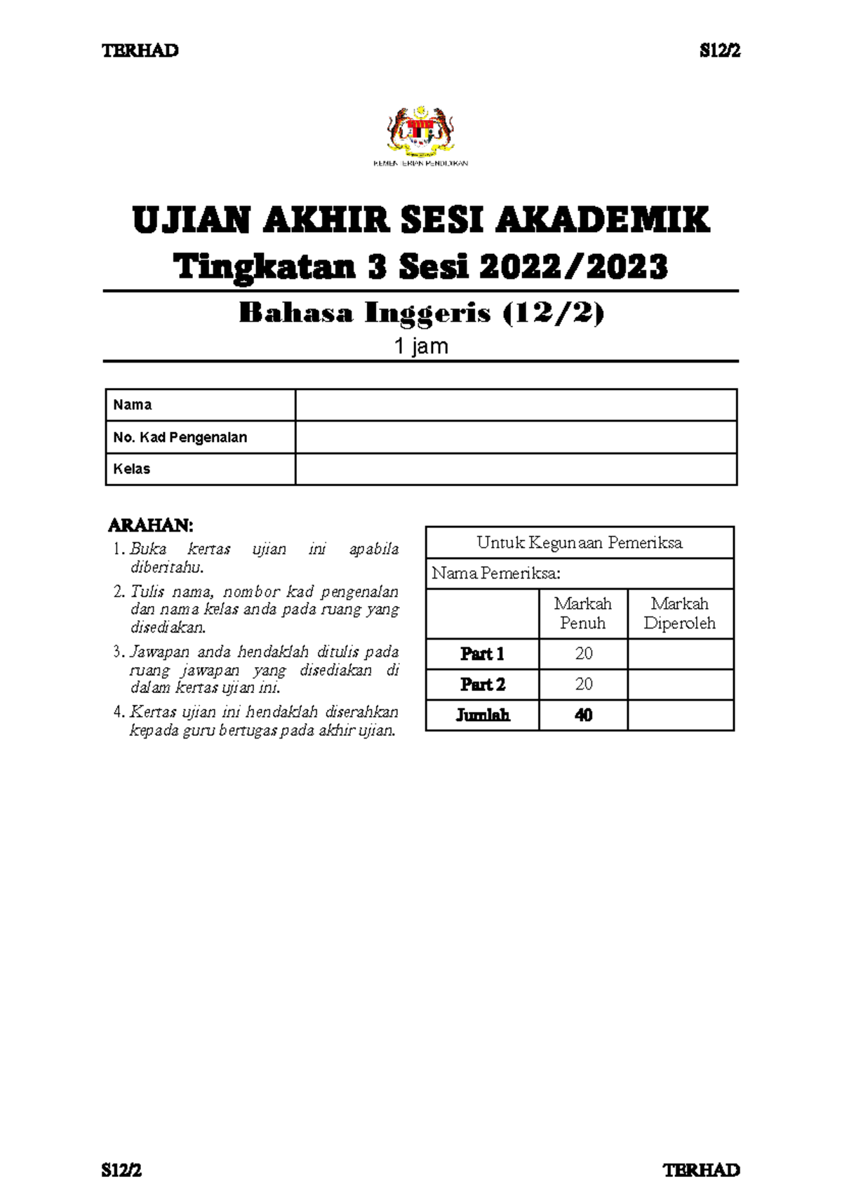 UASA BI K2 T3 - UASA - UJIAN AKHIR SESI AKADEMIK Tingkatan 3 Sesi 2022 ...
