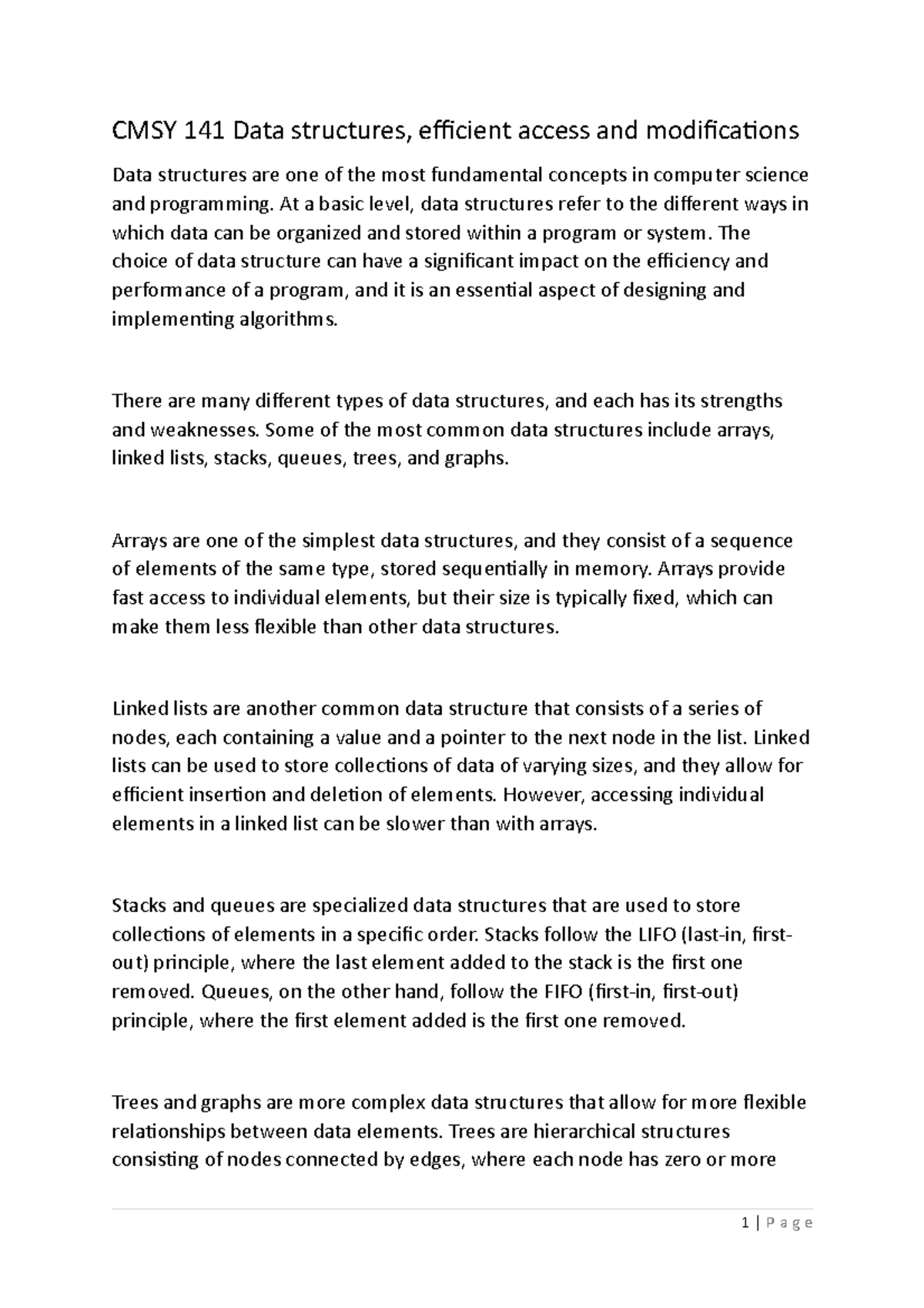 CMSY 141 Data structures - CMSY 141 Data structures, efficient access and modifications Data ...