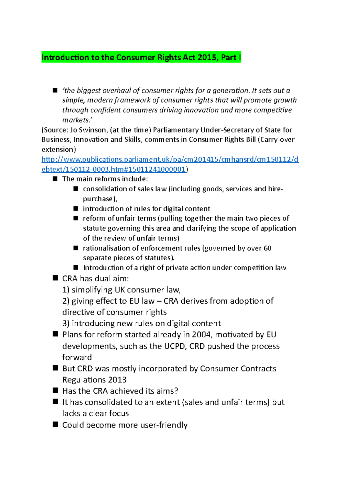 Consumer law 4 - Introduction to the Consumer Rights Act 2015, Part I ...