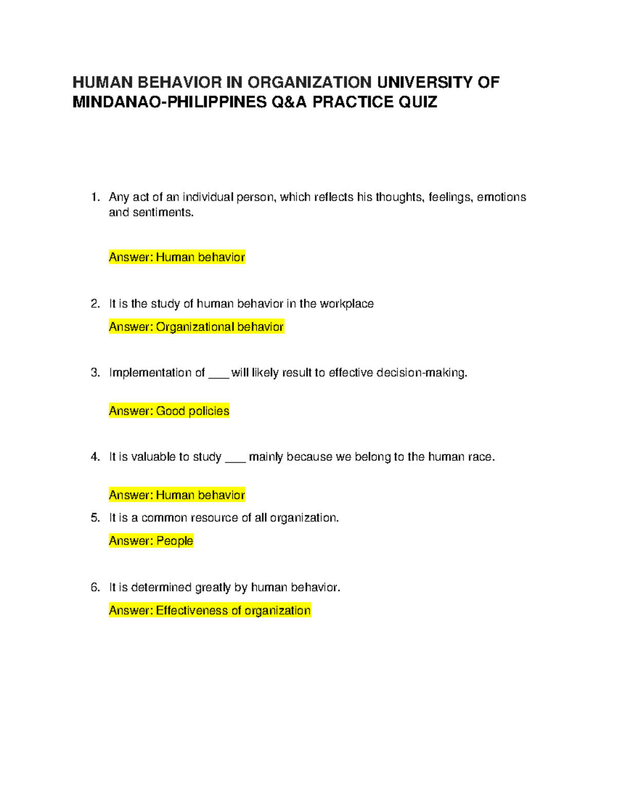 Human Behavior IN Organization University OF Mindanao- Philippines Q&A ...