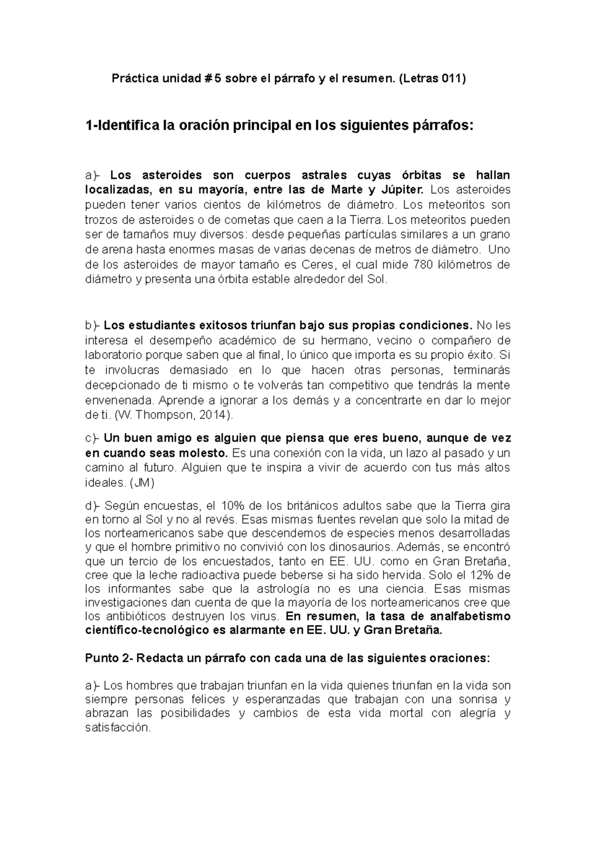 Ejercicios V sobre el párrafo y el resumen ( Letras 011) - Práctica ...