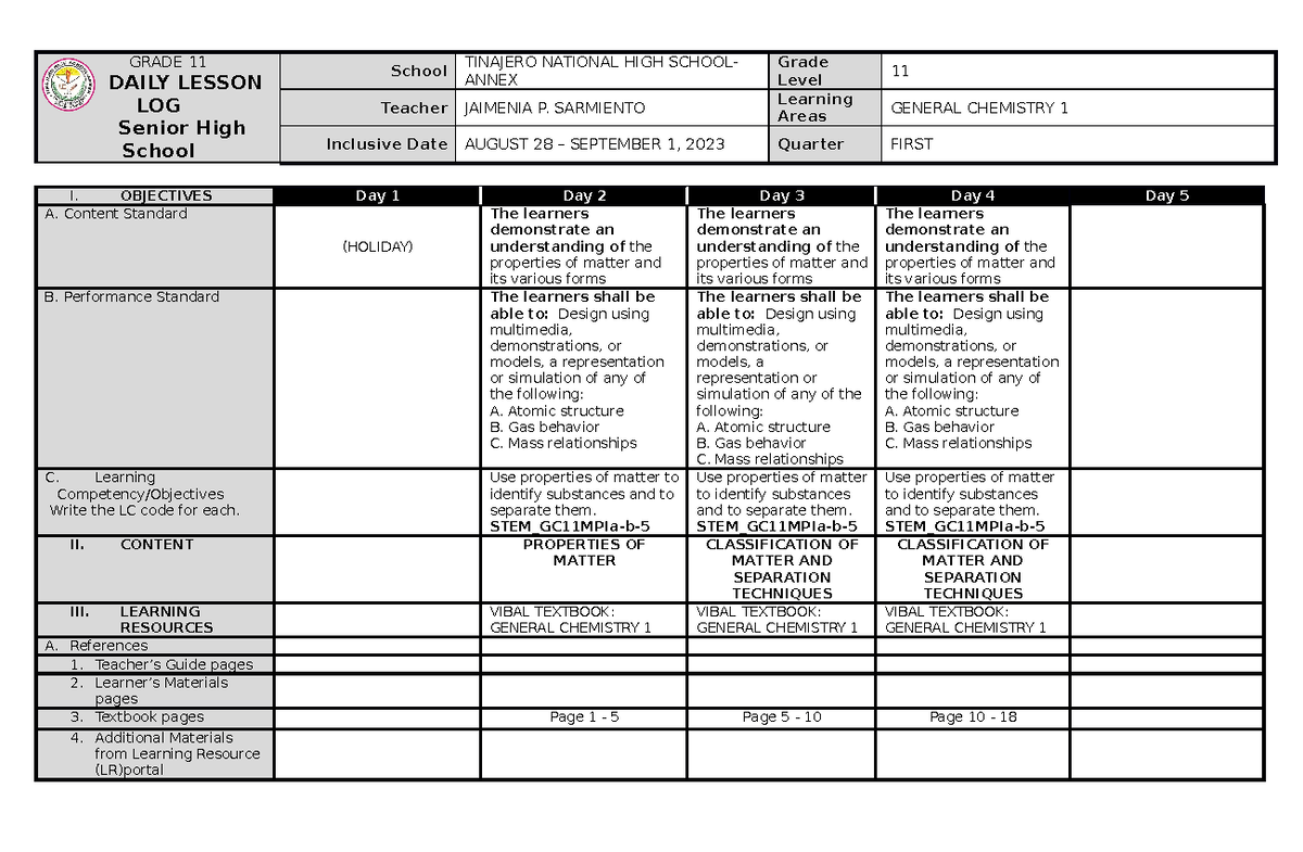 DLL WEEK 1 General Chem 1 - GRADE 11 DAILY LESSON LOG Senior High ...